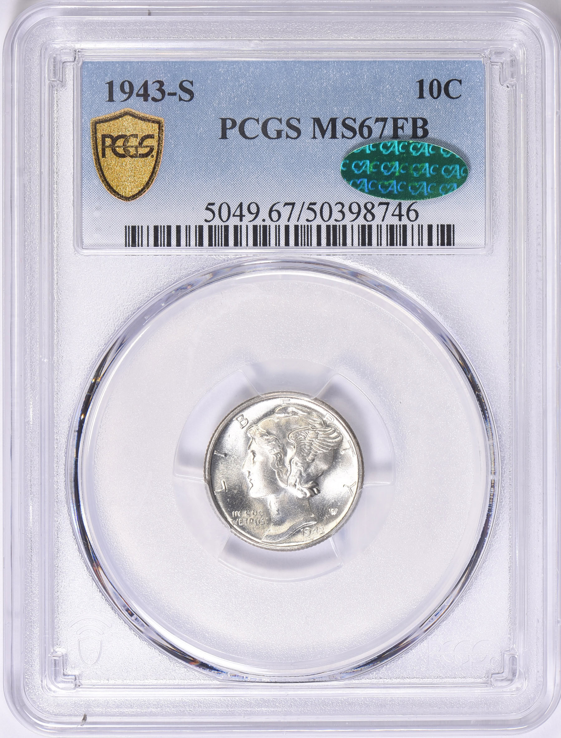 1943-S Mercury Dime PCGS MS-67 FB (CAC Green) (Item 1670483) | GreatCollections Coin Auctions