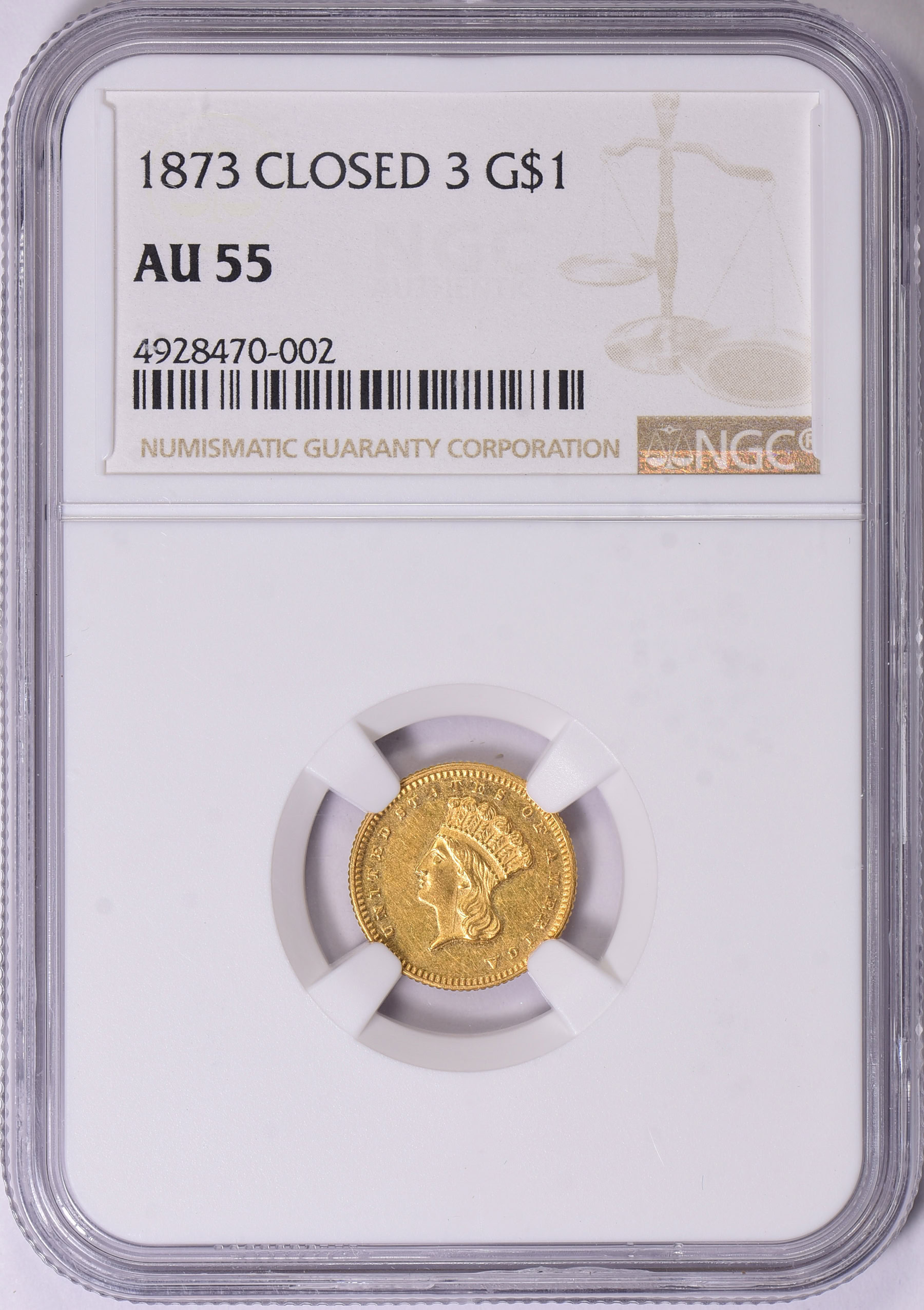 1873 Indian Princess Gold Dollar Closed 3 NGC AU-55 (Item 1670788) | GreatCollections Coin Auctions