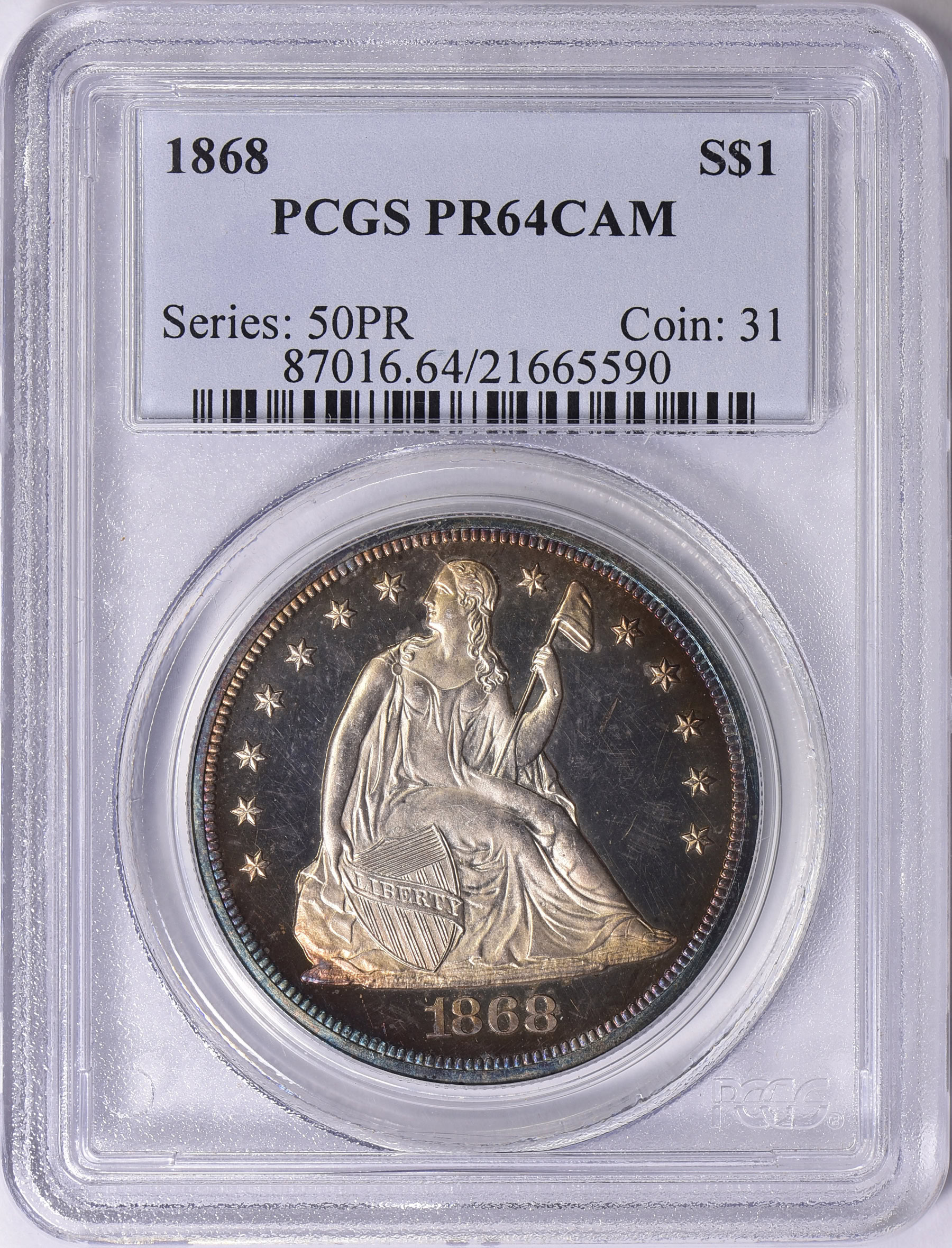 1868 Seated Liberty Silver Dollar PCGS Proof-64 CAMEO (Toned) (Item 1670873) | GreatCollections ...