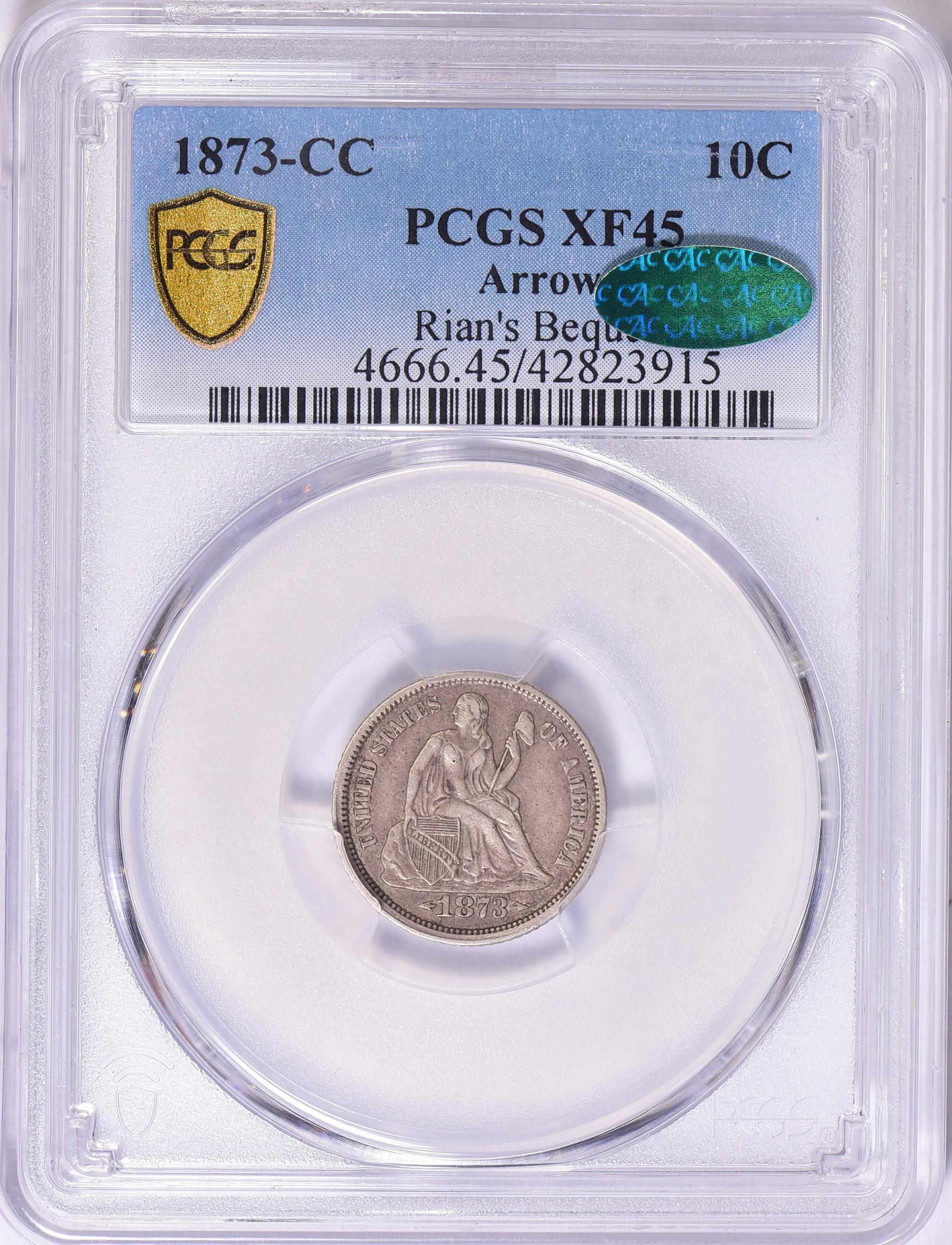 1873-CC Seated Liberty Dime Arrows PCGS XF-45 (CAC Green) (Rian's Bequest Collection) (Item ...