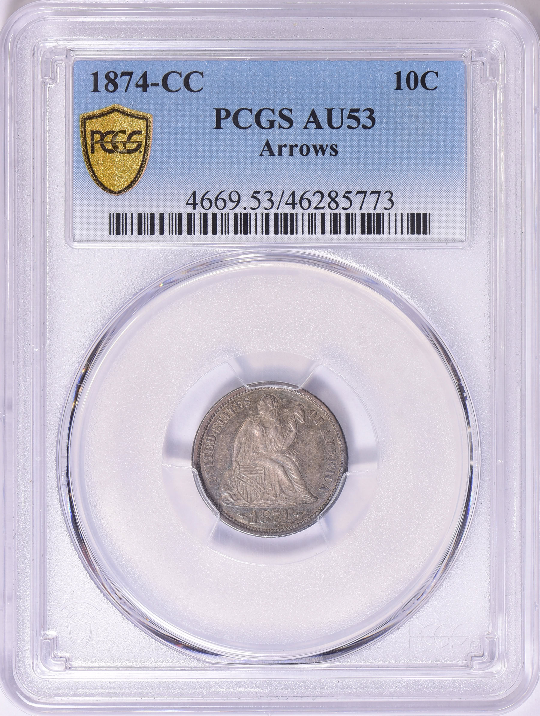 1874-CC Seated Liberty Dime Arrows PCGS AU-53 (Toned) (Item 1671247) | GreatCollections Coin ...