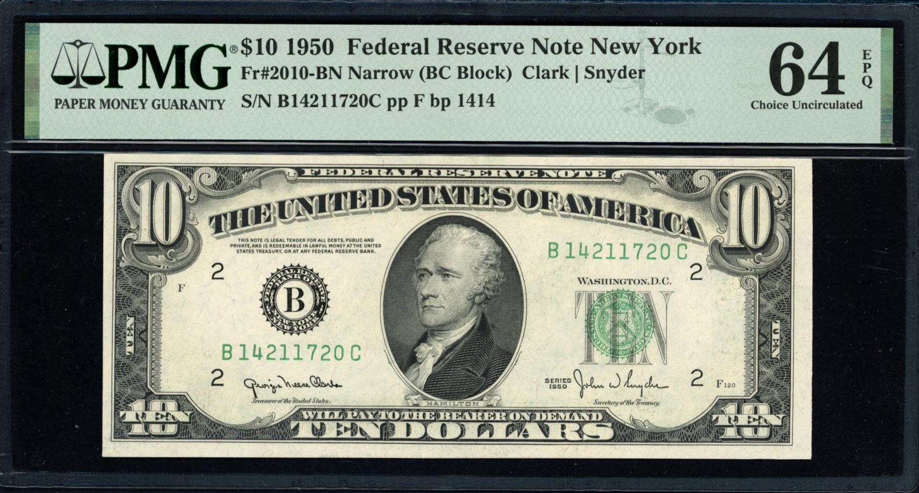 Fr. 2010-BN Narrow (BC Block) 1950 $10 New York Federal Reserve Note ...