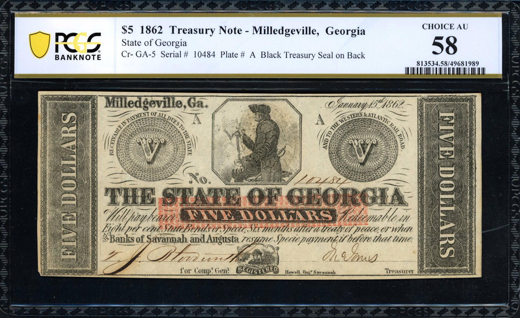 1862 Milledgeville, Georgia, State of Georgia $5 Note PCGS Banknote ...