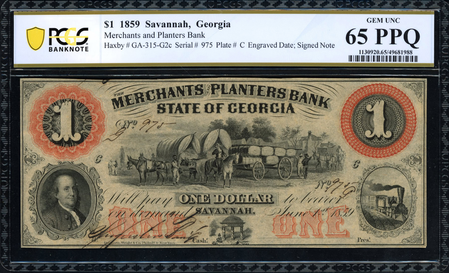 1859 Savannah, Georgia Merchants & Planters Bank $1 Note PCGS Banknote ...