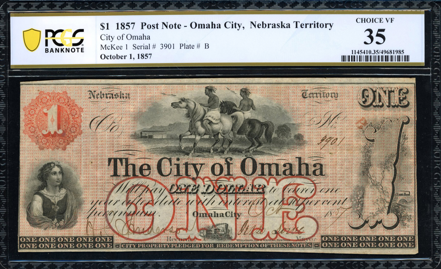 Oct. 1, 1857 Omaha City, Nebraska Territory City of Omaha $1 Post Note ...