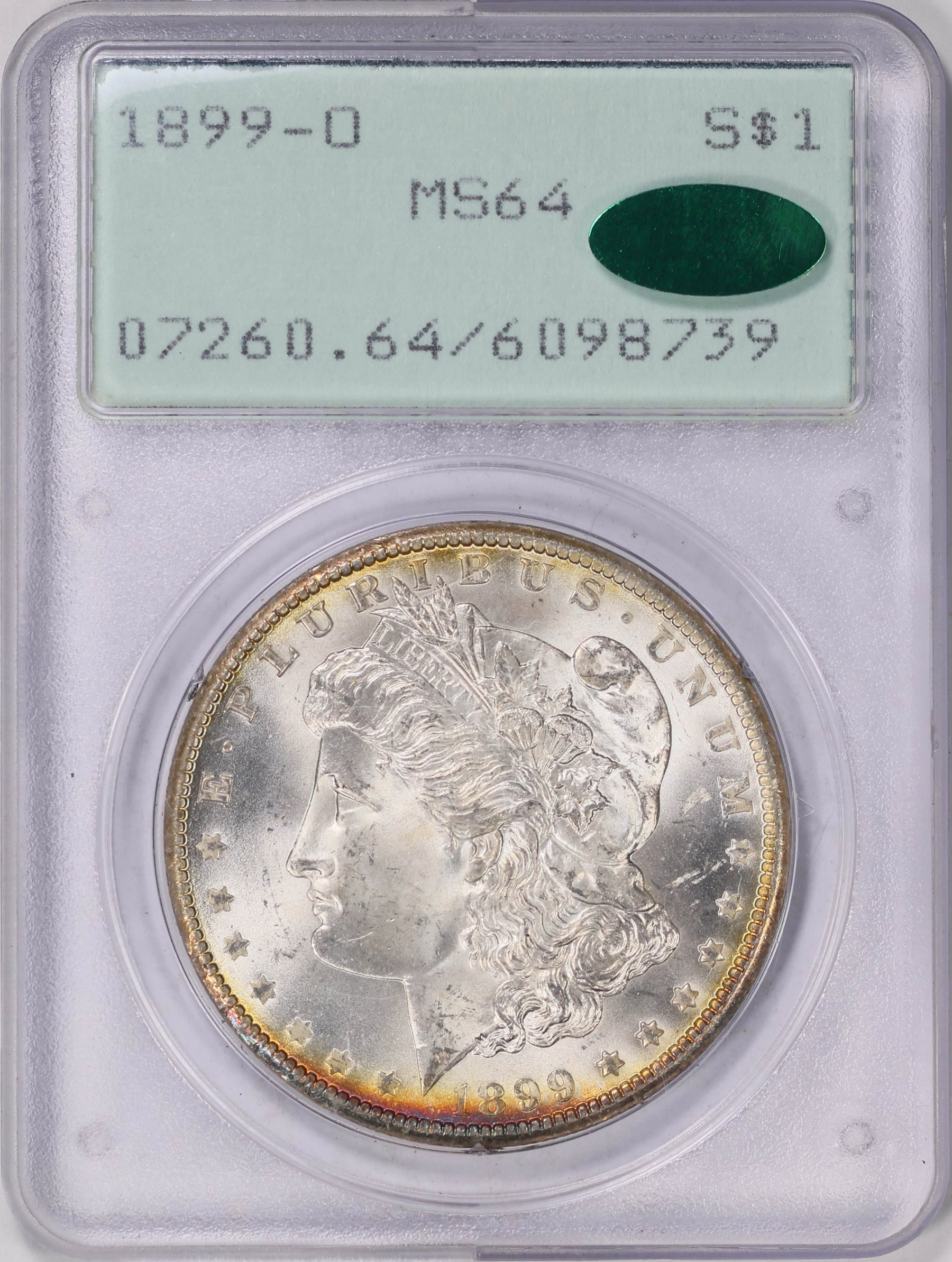 1899-O Morgan Silver Dollar PCGS MS-64 (CAC Green) OGH (1st Gen) (Toned) (Item 1671304 ...