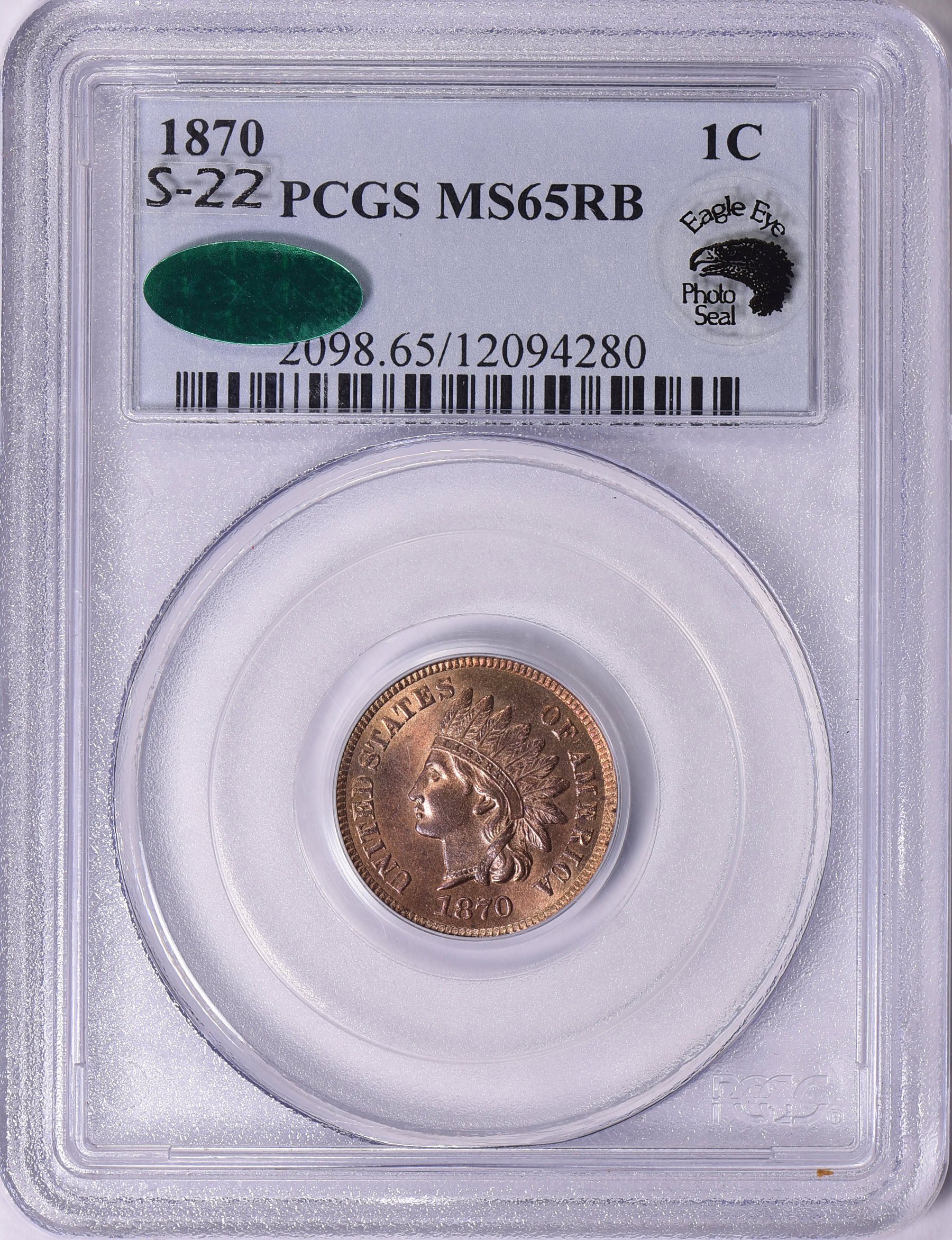 1870 Indian Cent PCGS MS-65 RB (CAC Green) (Eagle Eye Seal) (Item 1671376) | GreatCollections ...