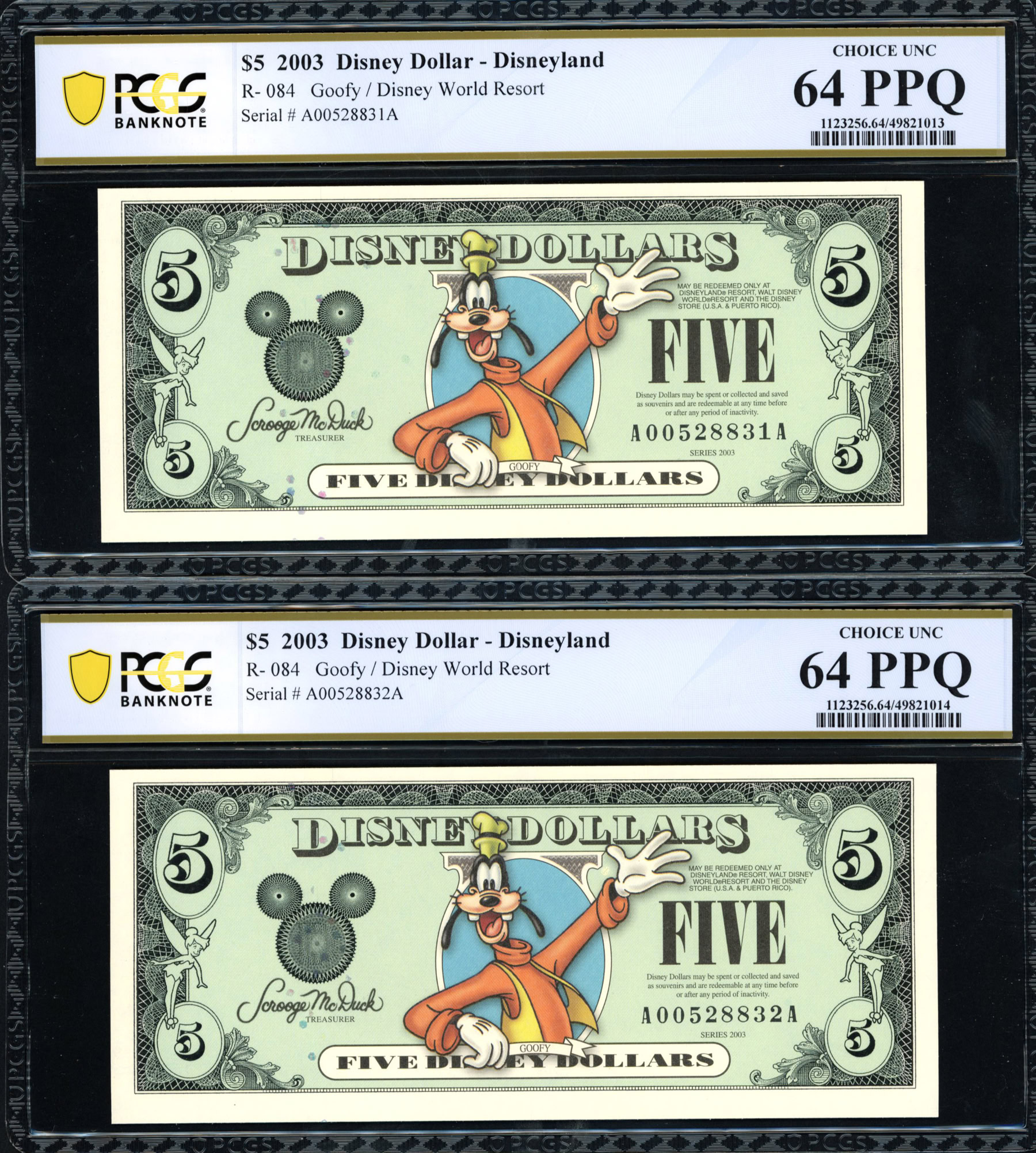 2003 Disneyland $5 Disney Dollar Notes Sequential Serial Number Pair ...