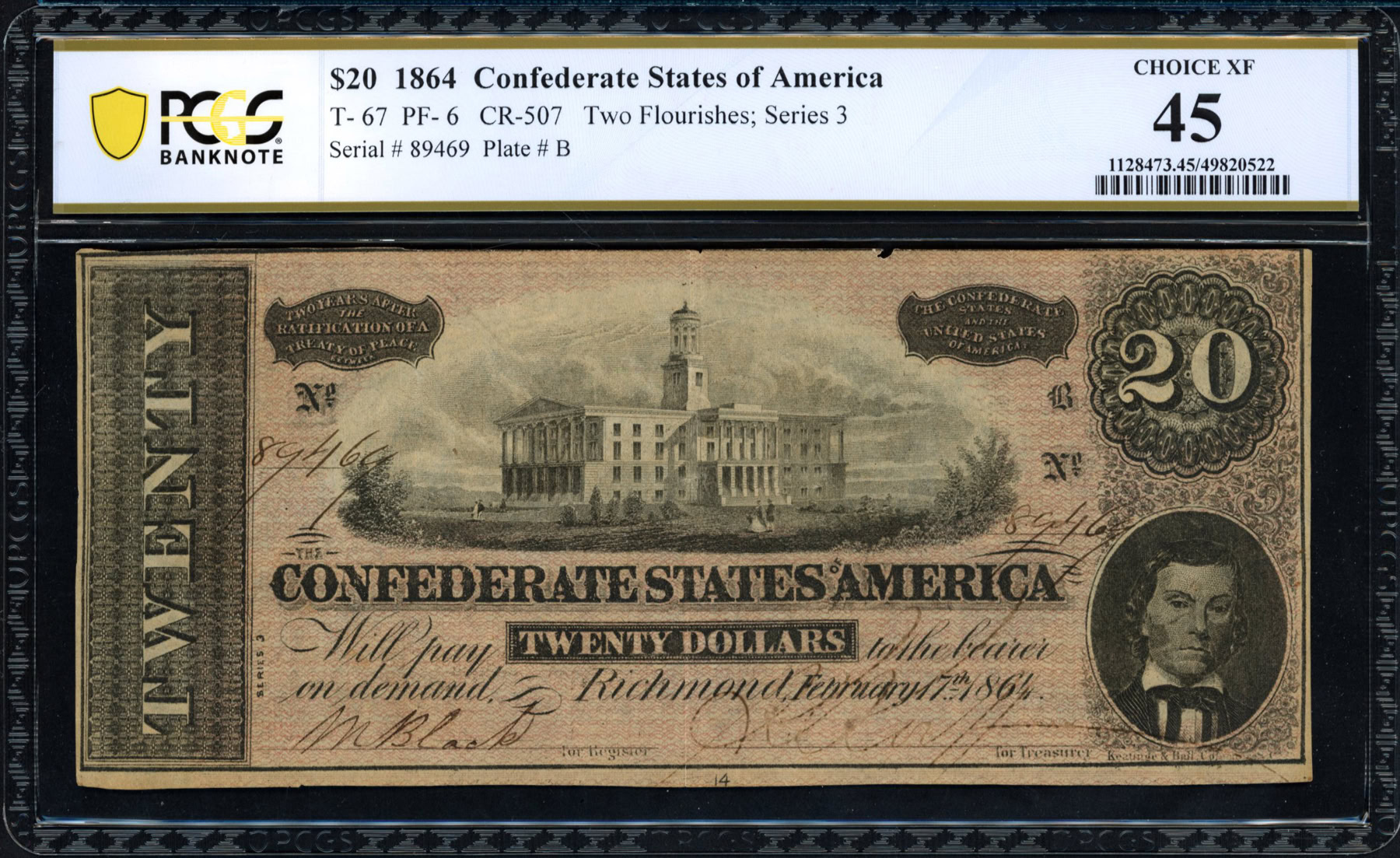 T-67 Confederate States of America 1864 $20 PCGS Banknote Choice XF 45 ...