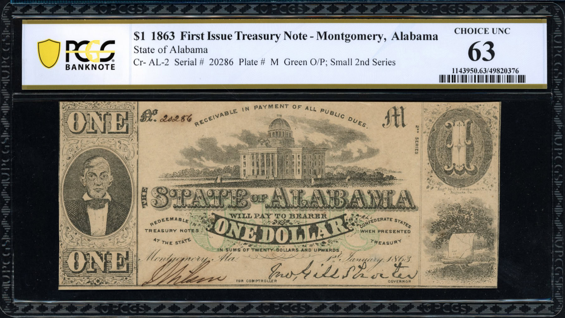 OBSALCR2 1863 $1 Alabama, Montgomery State of Alabama, Green "ONE ...