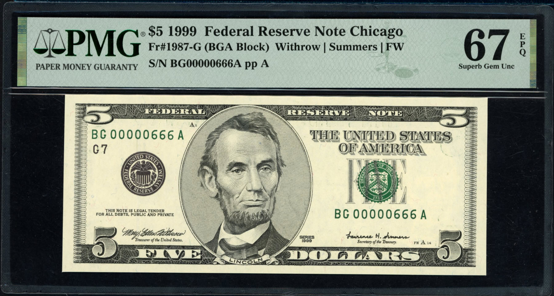 Fr. 1987-G (BGA Block) 1999 $5 Chicago Federal Reserve Note Very Low ...