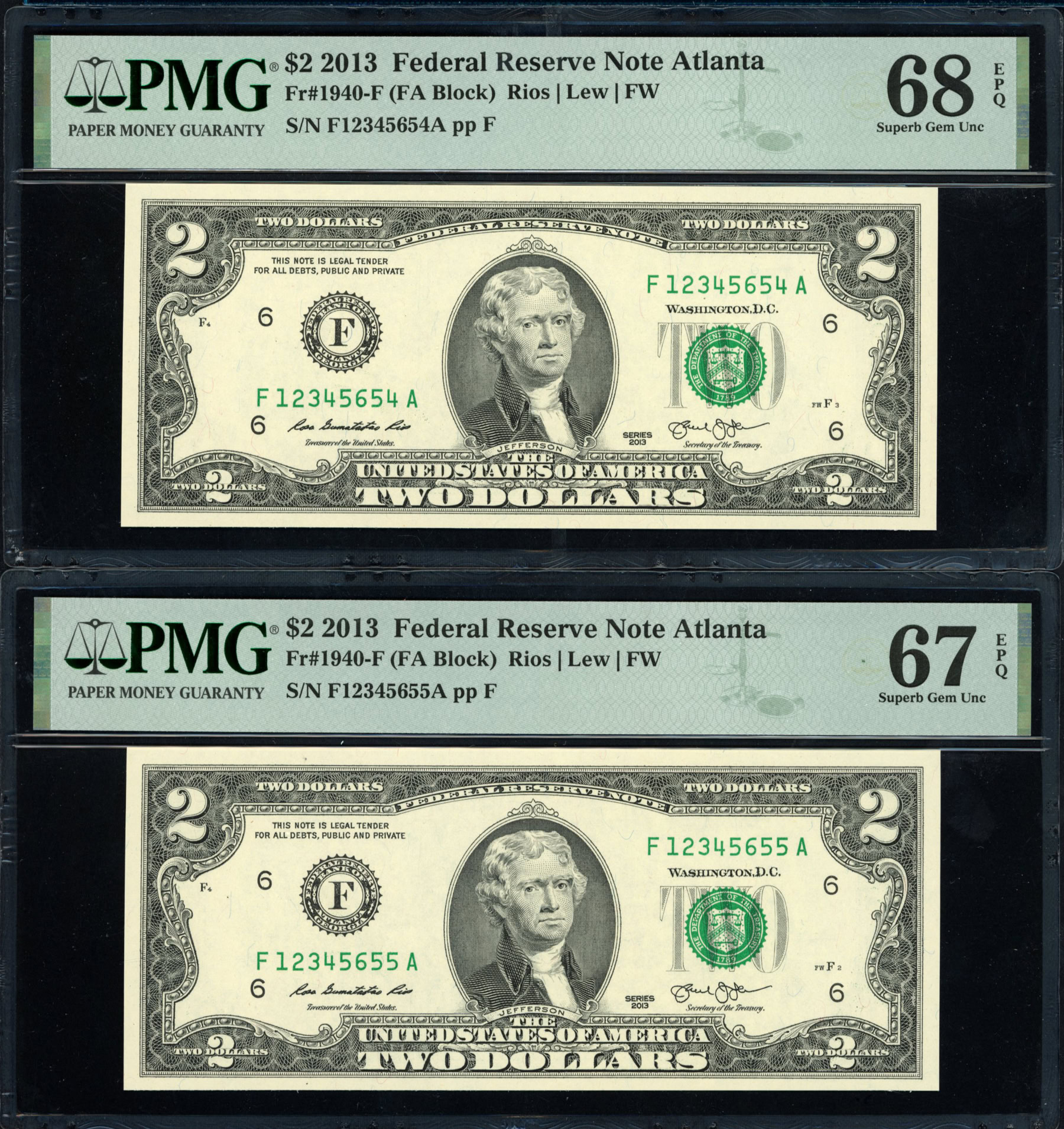 Fr. 1940-F (FA Block) 2013 $2 Atlanta Federal Reserve Notes Sequential ...