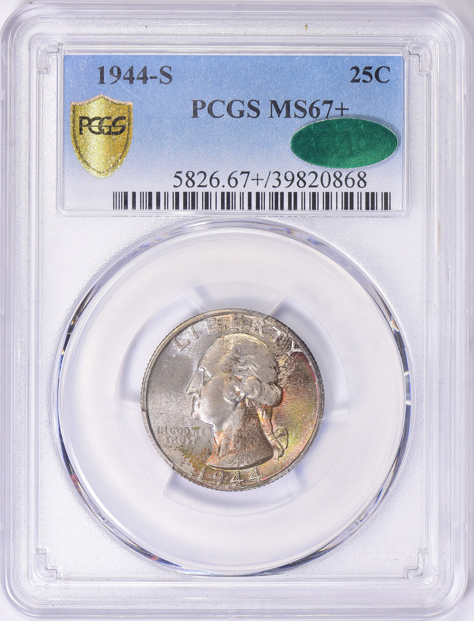 1944-S Washington Quarter PCGS MS-67+ (CAC Green) (Toned) (Item 1671694) | GreatCollections Coin ...