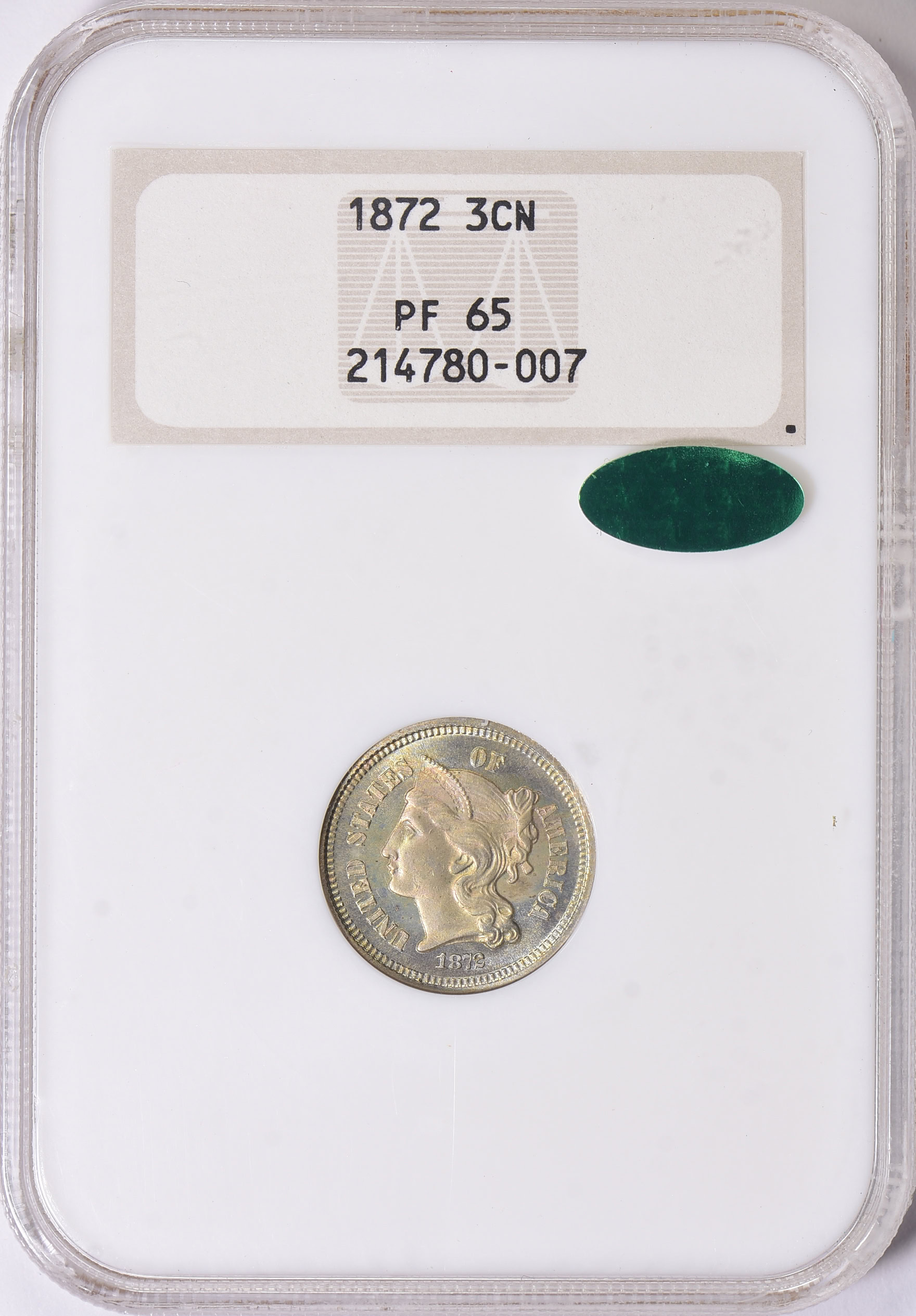 1872 Nickel Three-Cent Piece NGC Proof-65 (CAC Green) OH (Toned) (Item ...