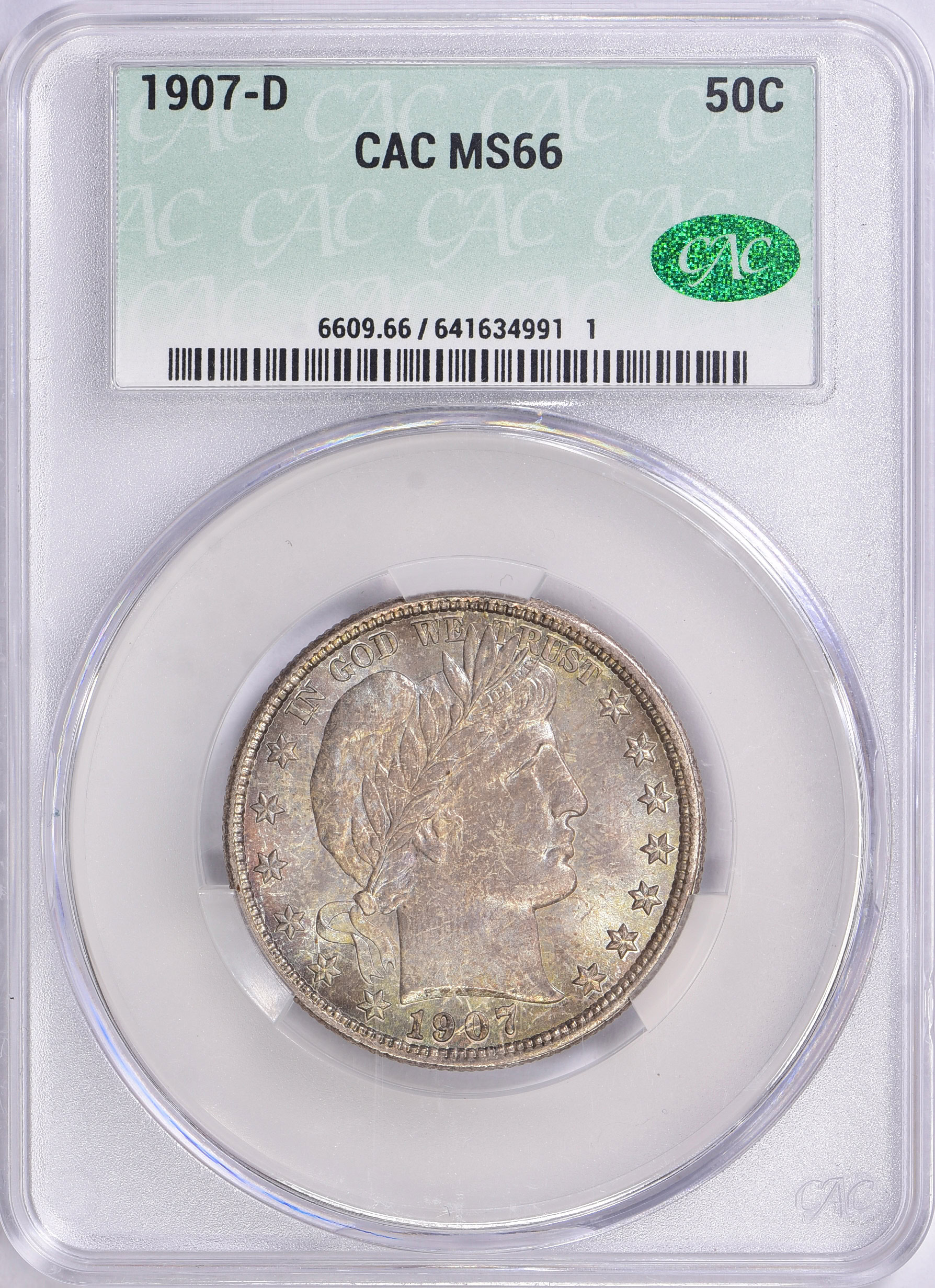 1907-D Barber Half Dollar CACG MS-66 (Toned) (Item 1671724) | GreatCollections Coin Auctions