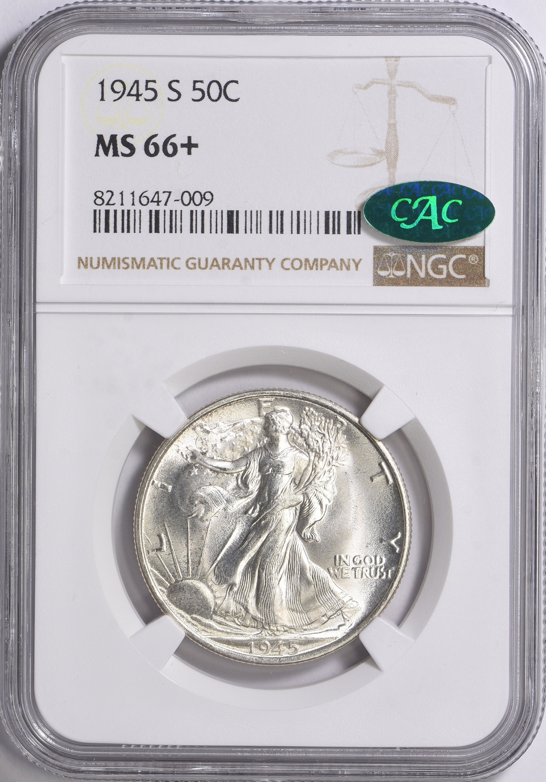 1945-S Walking Liberty Half Dollar NGC MS-66+ (CAC Green) (Item 1671786) | GreatCollections Coin ...