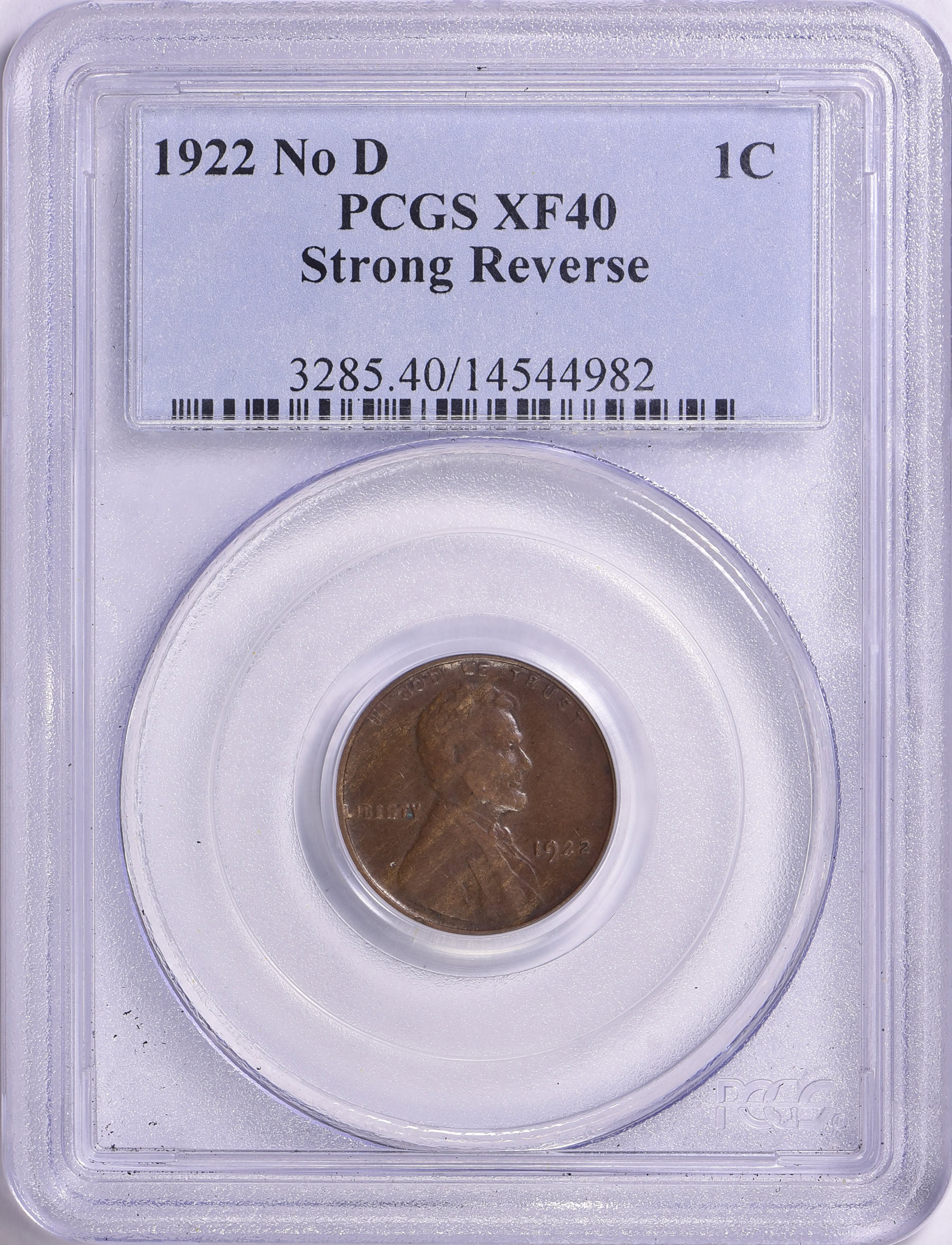 1922-No D Lincoln Cent Strong Reverse PCGS XF-40 BN (Item 1671892) | GreatCollections Coin Auctions