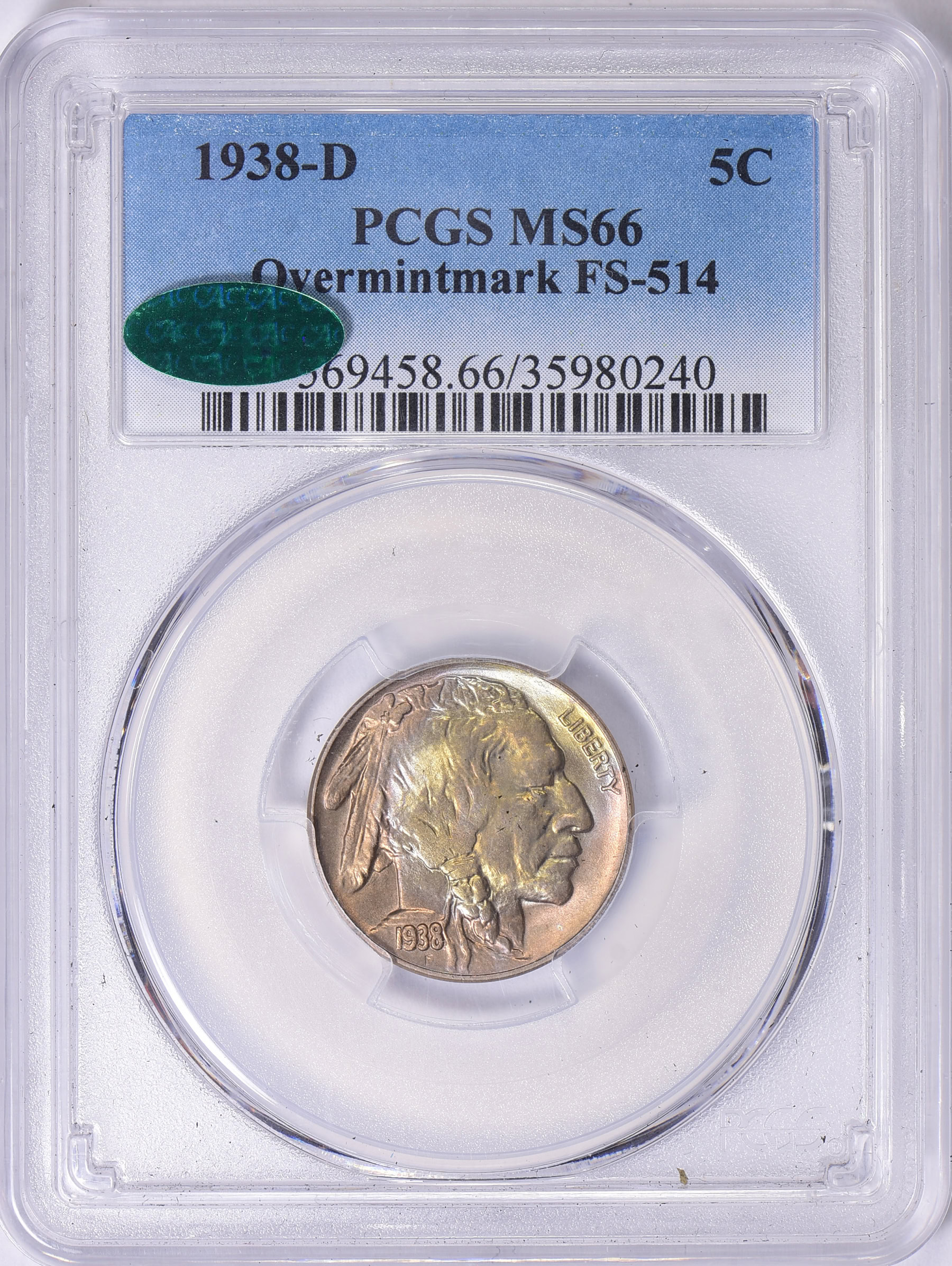 1938-D Buffalo Nickel Overmintmark FS-514 PCGS MS-66 (CAC Green) (Toned) (Item 1671921 ...