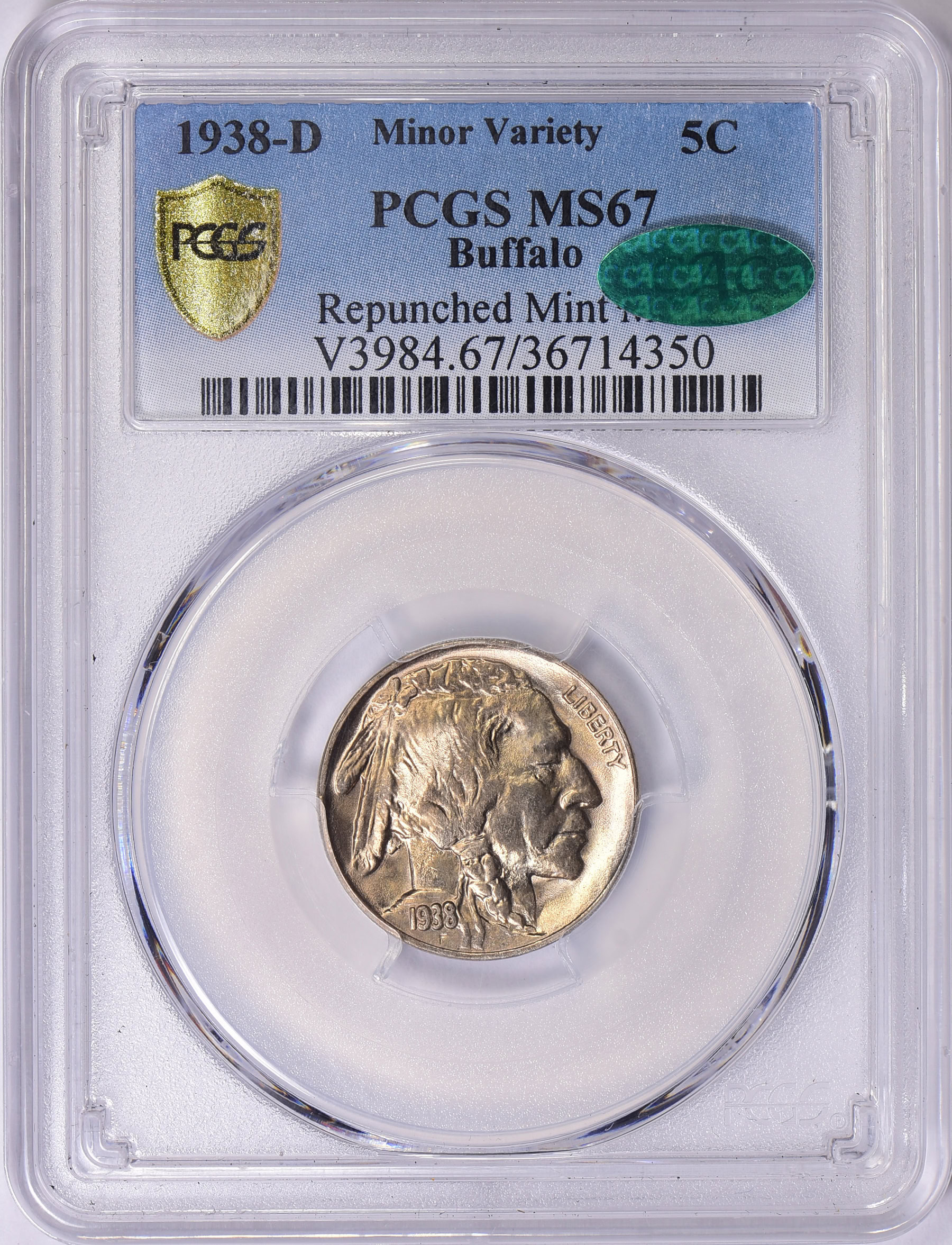 1938-D Buffalo Nickel Repunched Mint Mark PCGS MS-67 (CAC Green) (Item ...