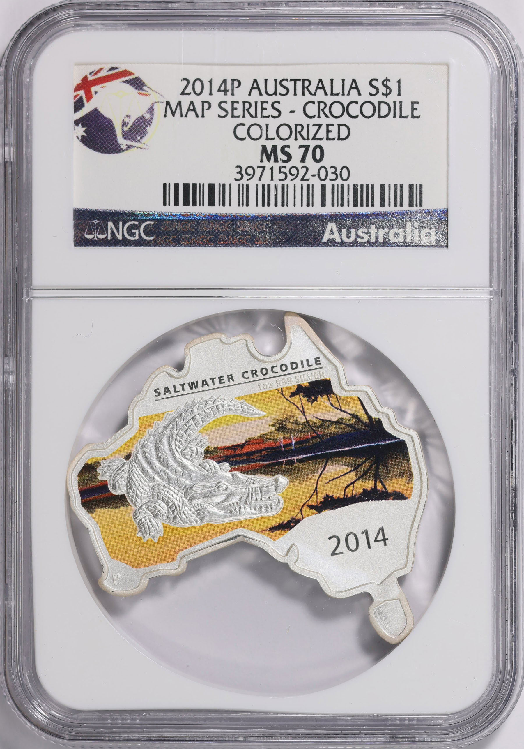 Australia 2014-P Colorized Silver Dollar Map Series, Crocodile NGC MS ...