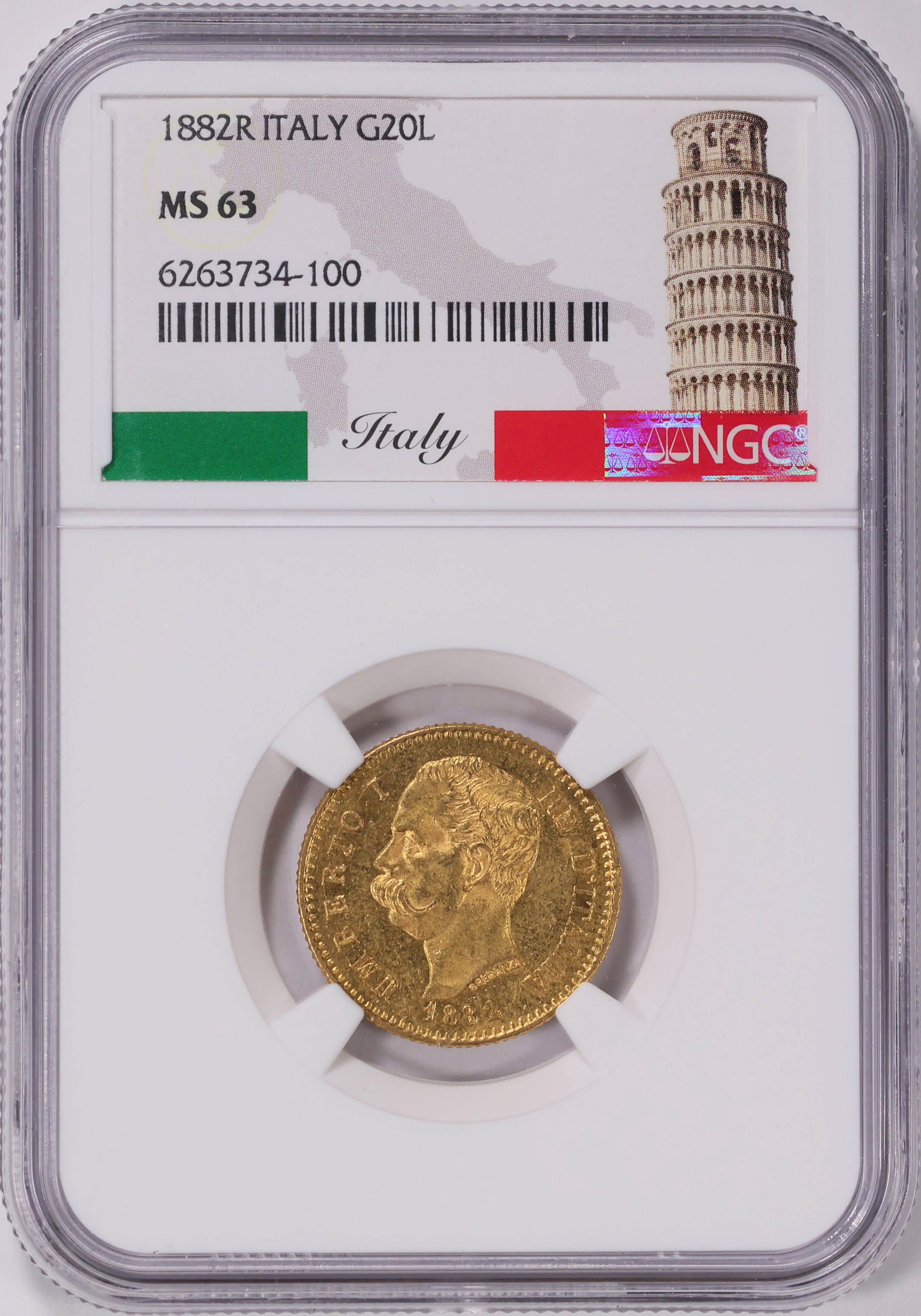 Italy 1882-R Gold 20 Lire KM-21 NGC MS-63 (AGW = 0.1867 oz.) (Item 1672250) | GreatCollections ...