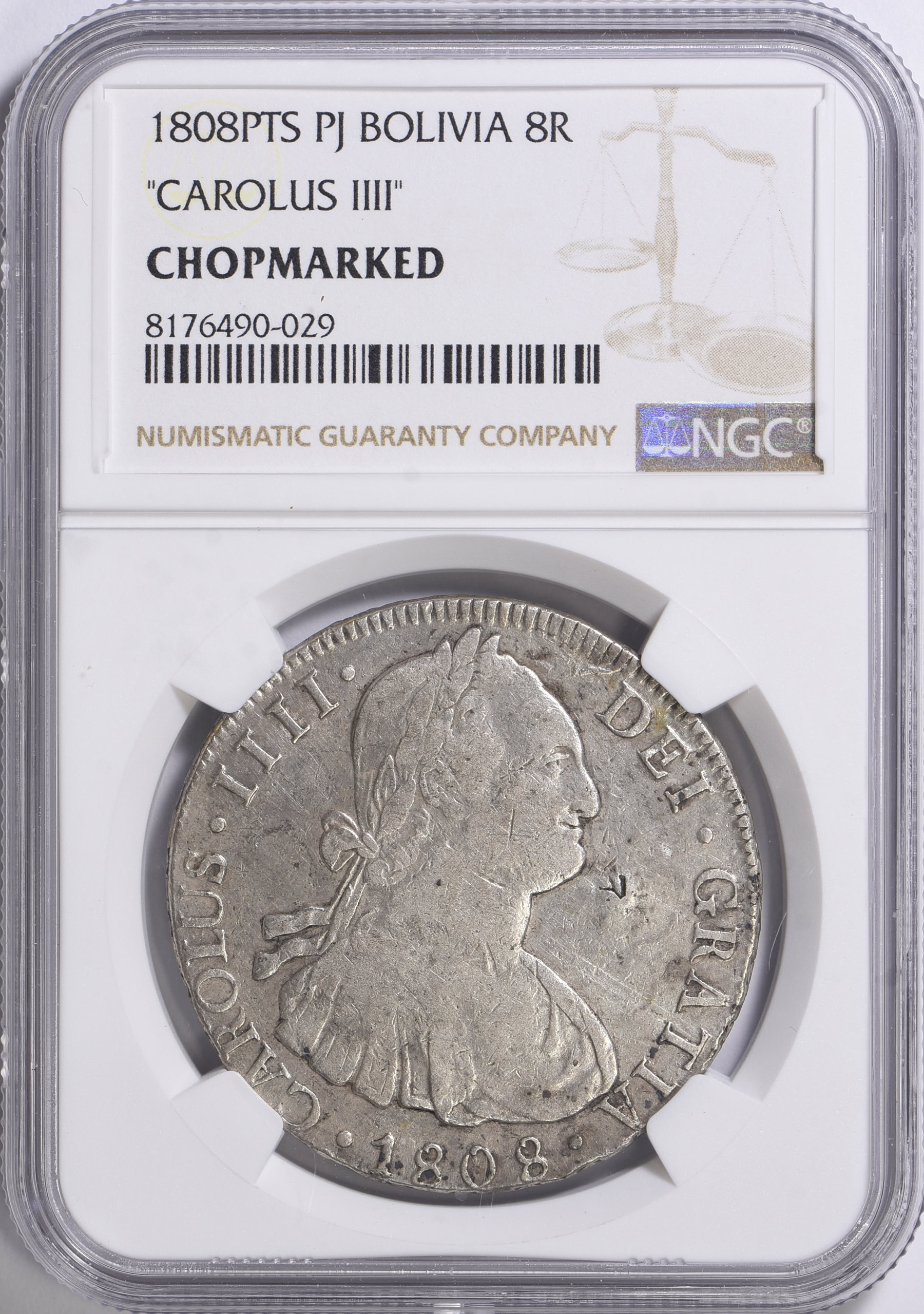 Bolivia 1808-PTS PJ Silver 8 Reales CAROLUS IIII KM-73 NGC Chopmarked ...