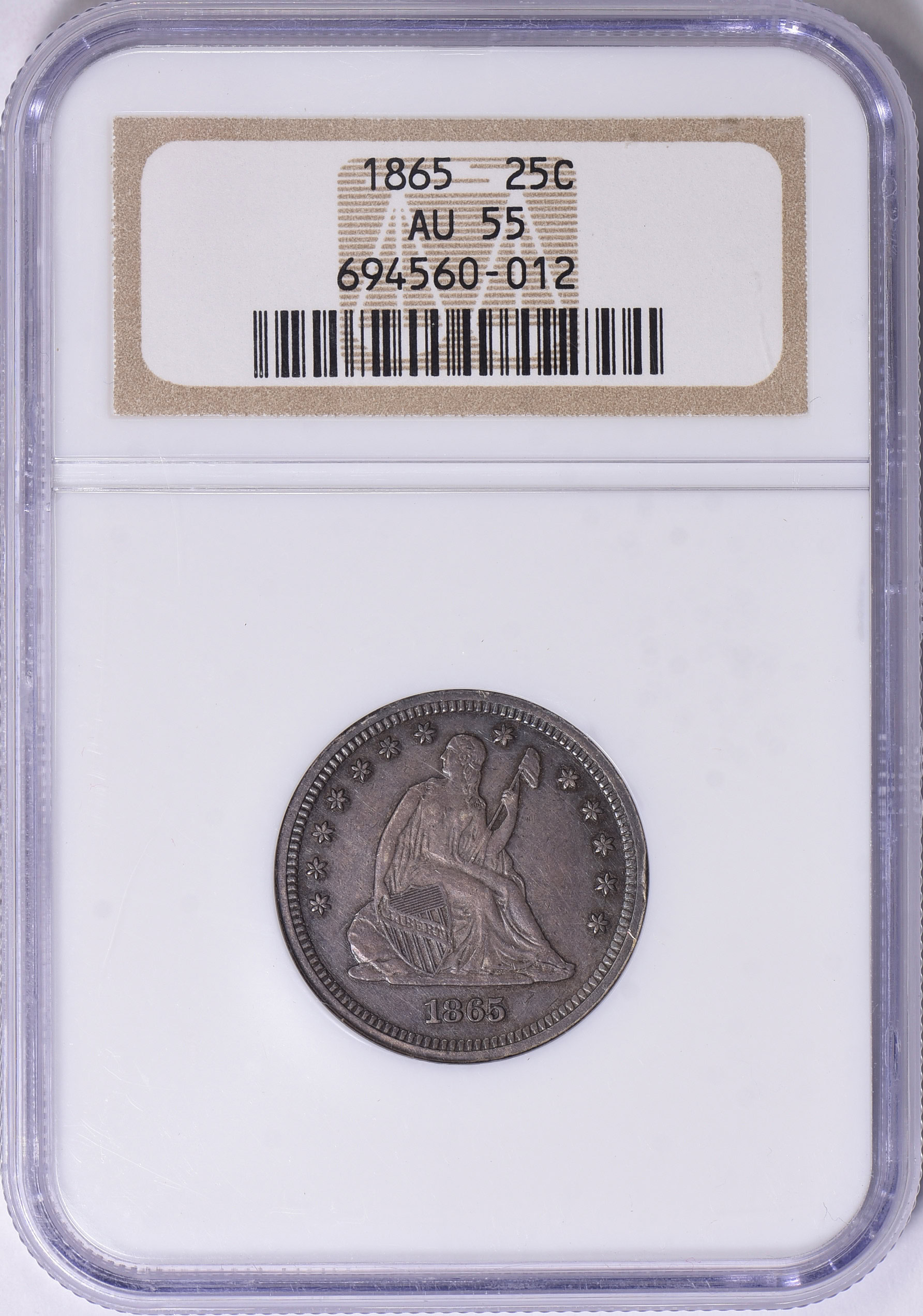 1865 Seated Liberty Quarter NGC AU-55 (Item 1672427) | GreatCollections ...