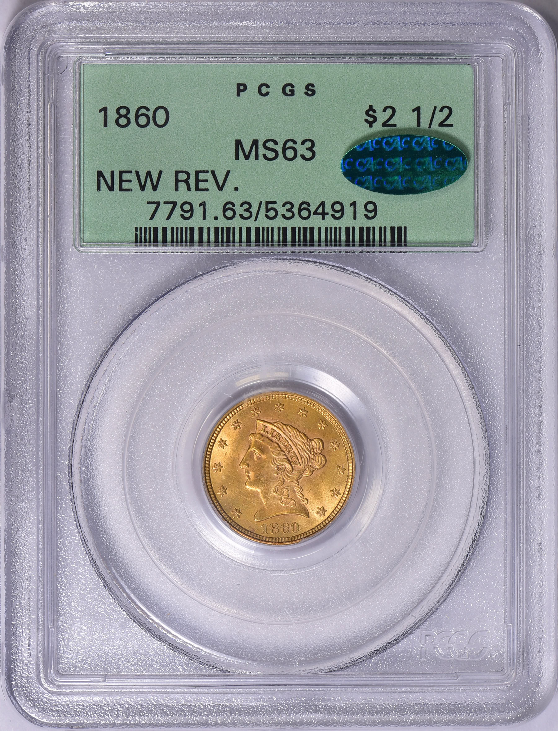 1860 Liberty Gold Quarter Eagle New Reverse PCGS MS-63 (CAC Green) OGH (Item 1672500 ...