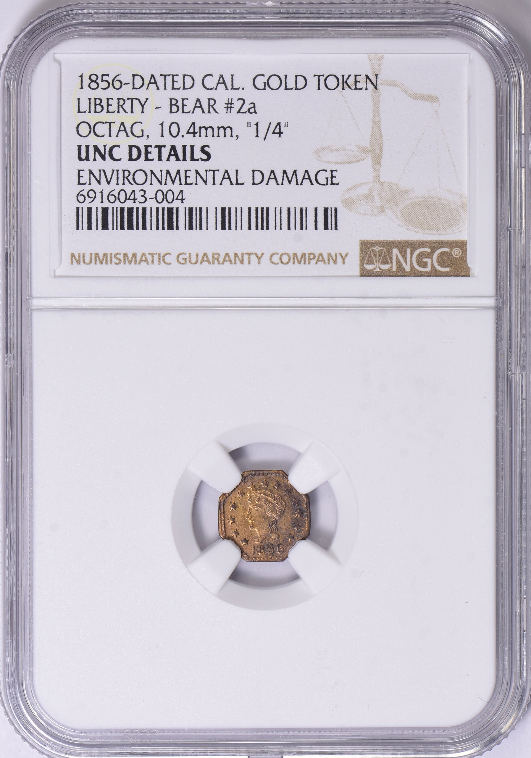 1856-Dated California Gold TOken Liberty - Bear #2a Octagonal, 10.4mm ...