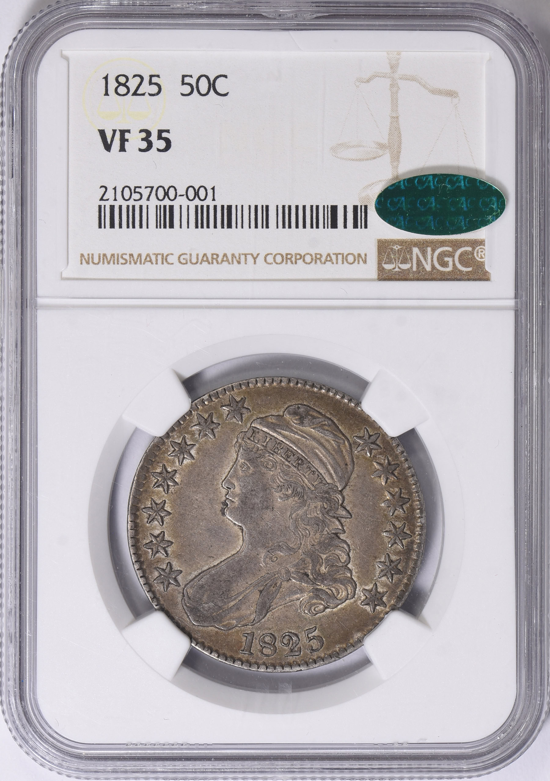 1825 Capped Bust Half Dollar NGC VF-35 (CAC Green) (Item 1672676) | GreatCollections Coin Auctions