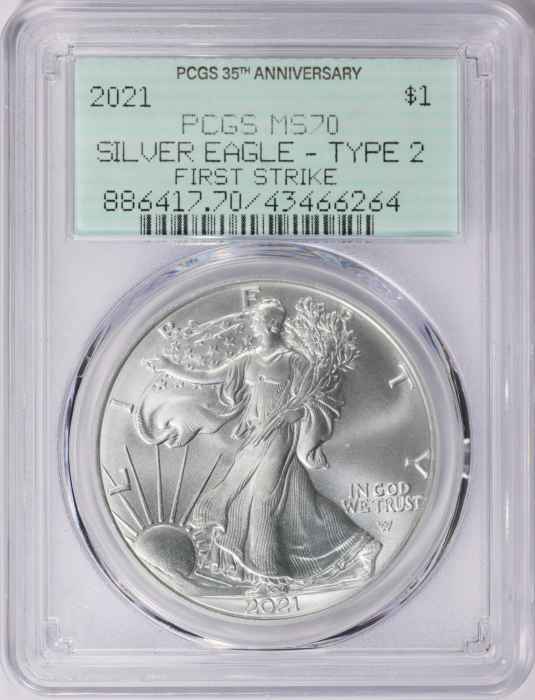 2021 $1 Silver Eagle Type 2 First Strike PCGS MS-70 (OGH 35th Anniversary Label) (Item 1672783 ...