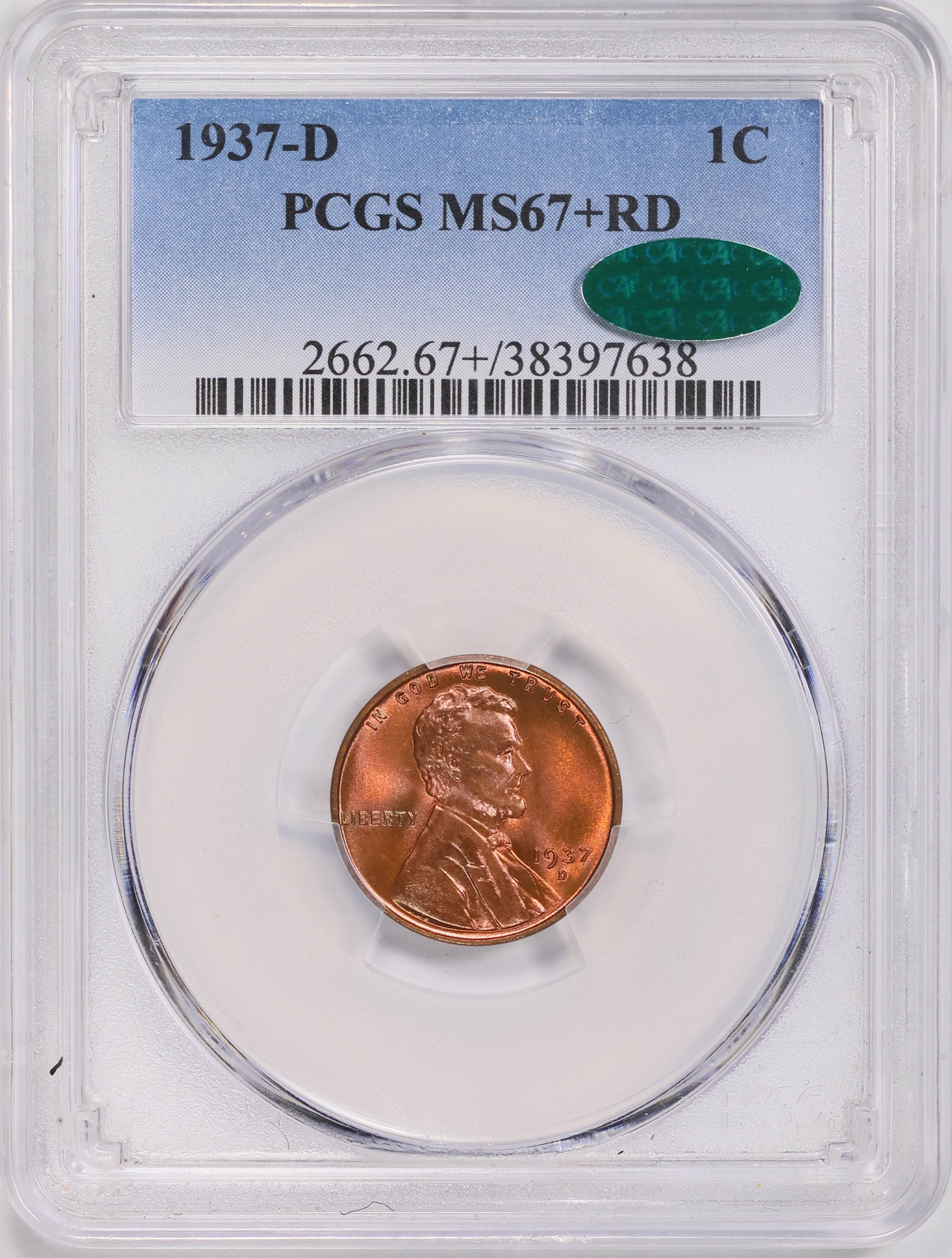 1937-D Lincoln Cent PCGS MS-67+ RD (CAC Green) (Item 1673072) | GreatCollections Coin Auctions