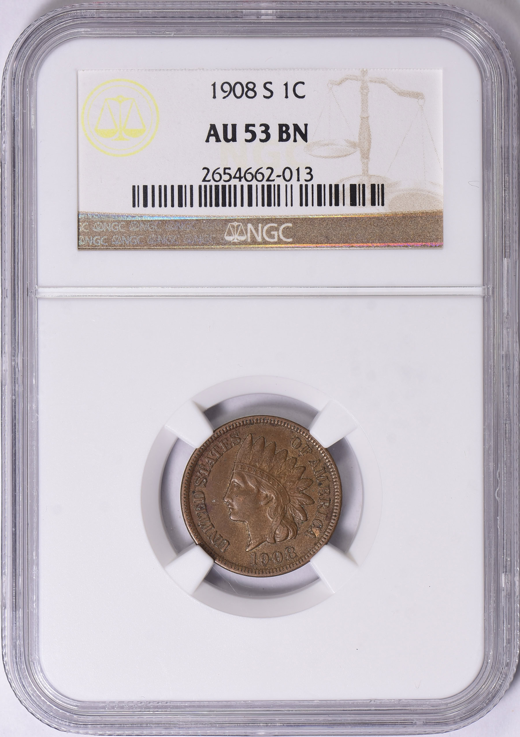 1908-S Indian Cent NGC AU-53 BN (Item 1673113) | GreatCollections Coin Auctions