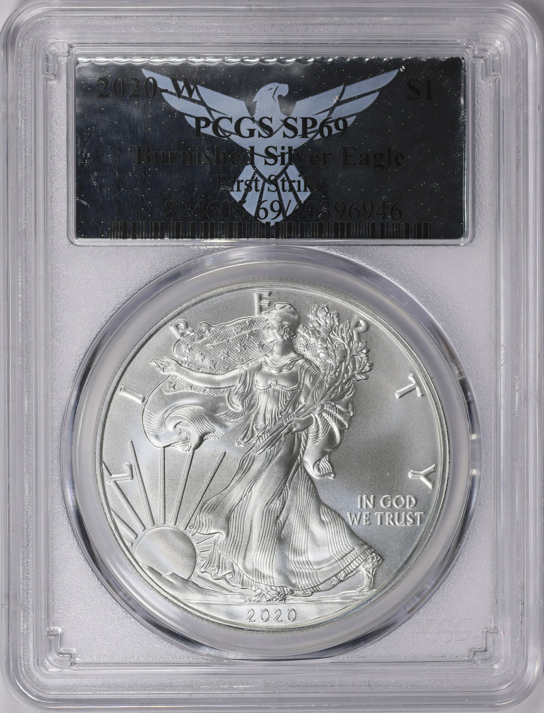 2020-W $1 Silver Eagle First Strike Burnished PCGS SP-69 (Silver Foil Label) (Item 1673143 ...