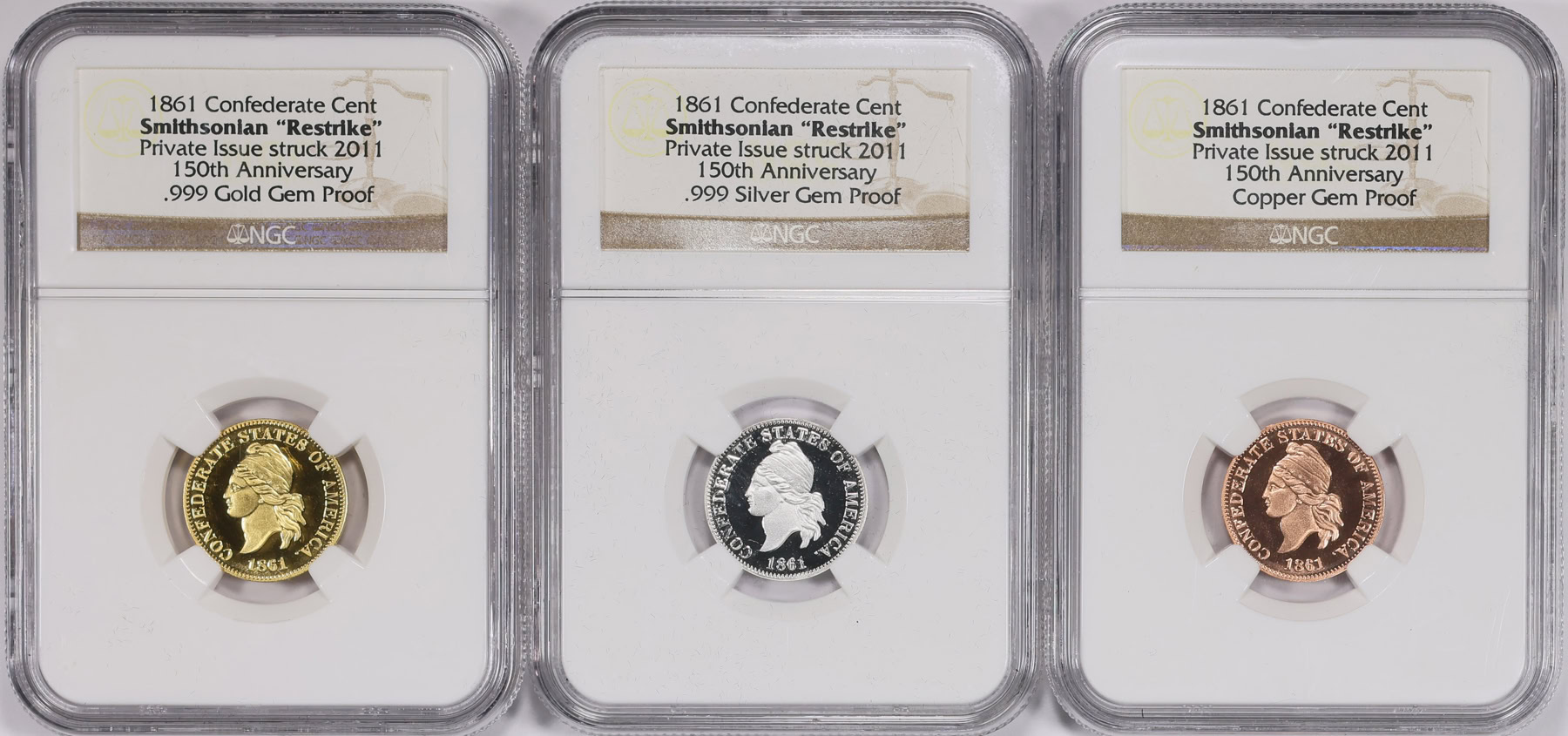 1861 Confederate Cent Smithsonian Restrike Set in Gold, Silver, and ...