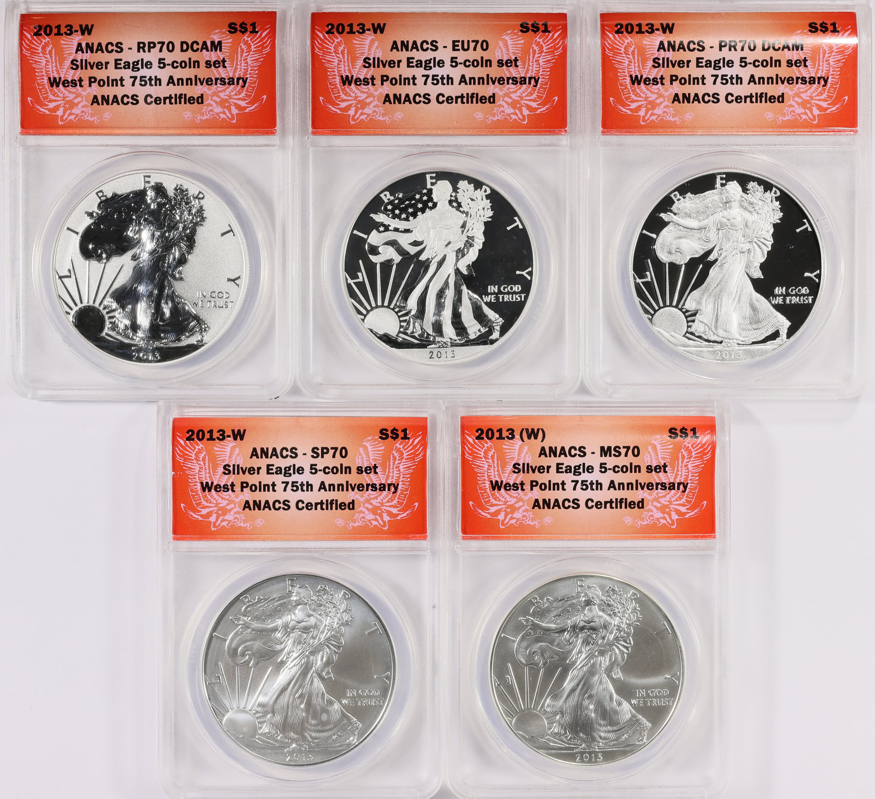 2013-W $1 Silver Eagle First Release West Point 5-Coin Set Including ...