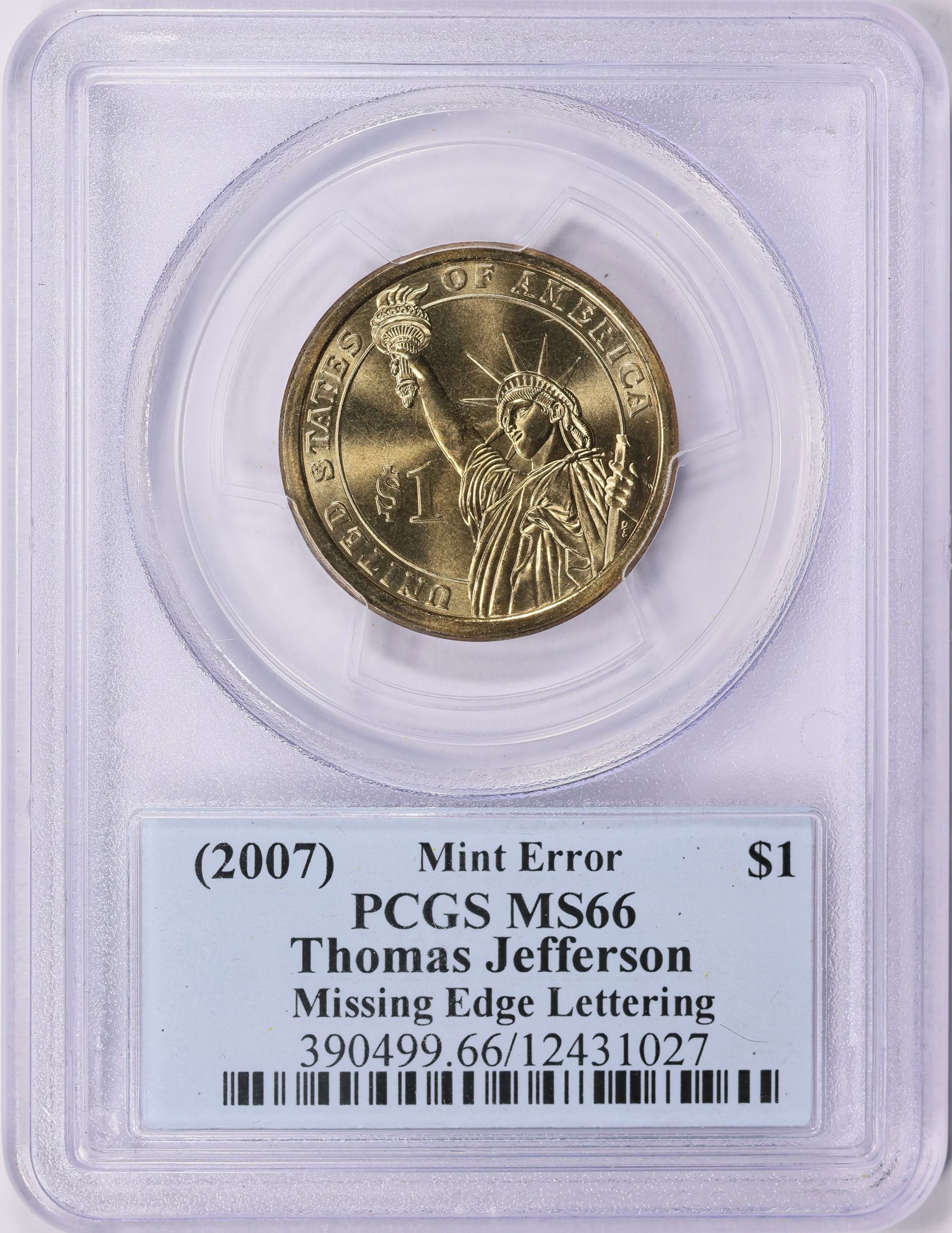 Mint Error (2007) Presidential Dollar Thomas Jefferson Missing Edge ...