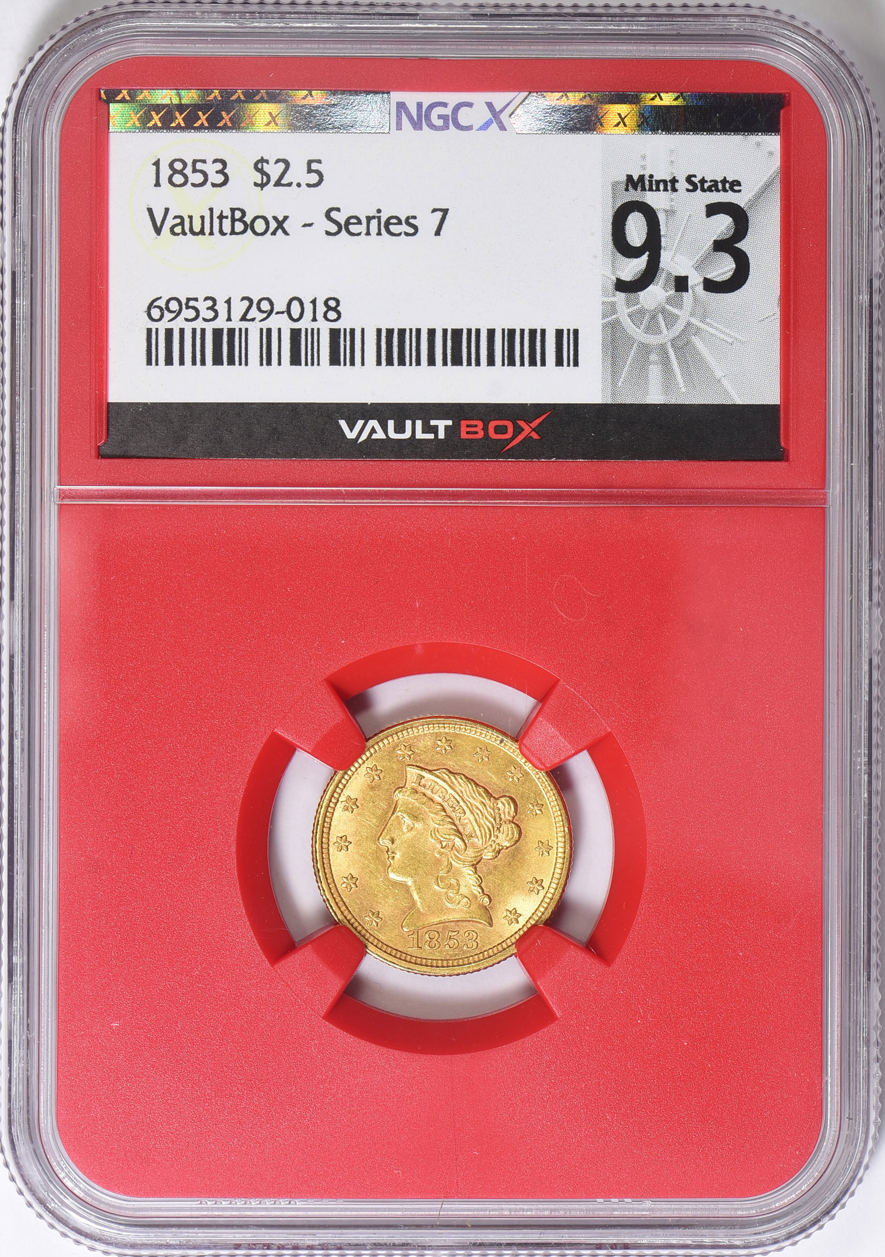 1853 Liberty Gold Quarter Eagle NGCX Mint State 9.3 (NGC MS-63) (VaultBox Series 7 Red Holder ...