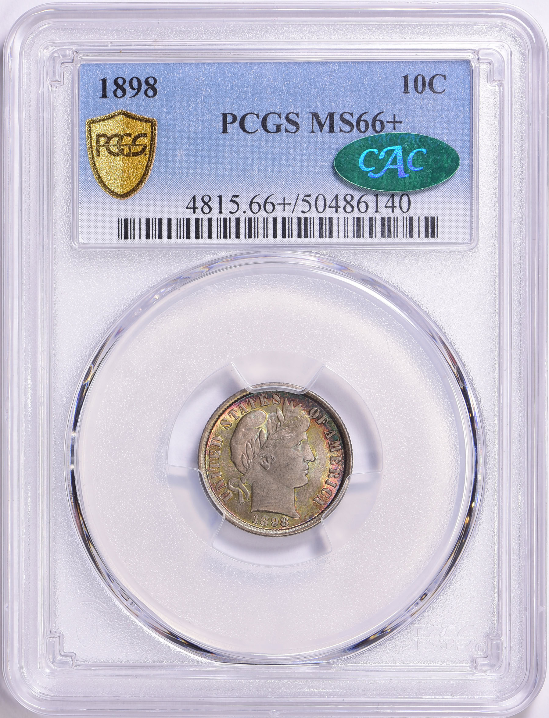 1898 Barber Dime PCGS MS-66+ (CAC Green) (Toned) (Item 1673302) | GreatCollections Coin Auctions