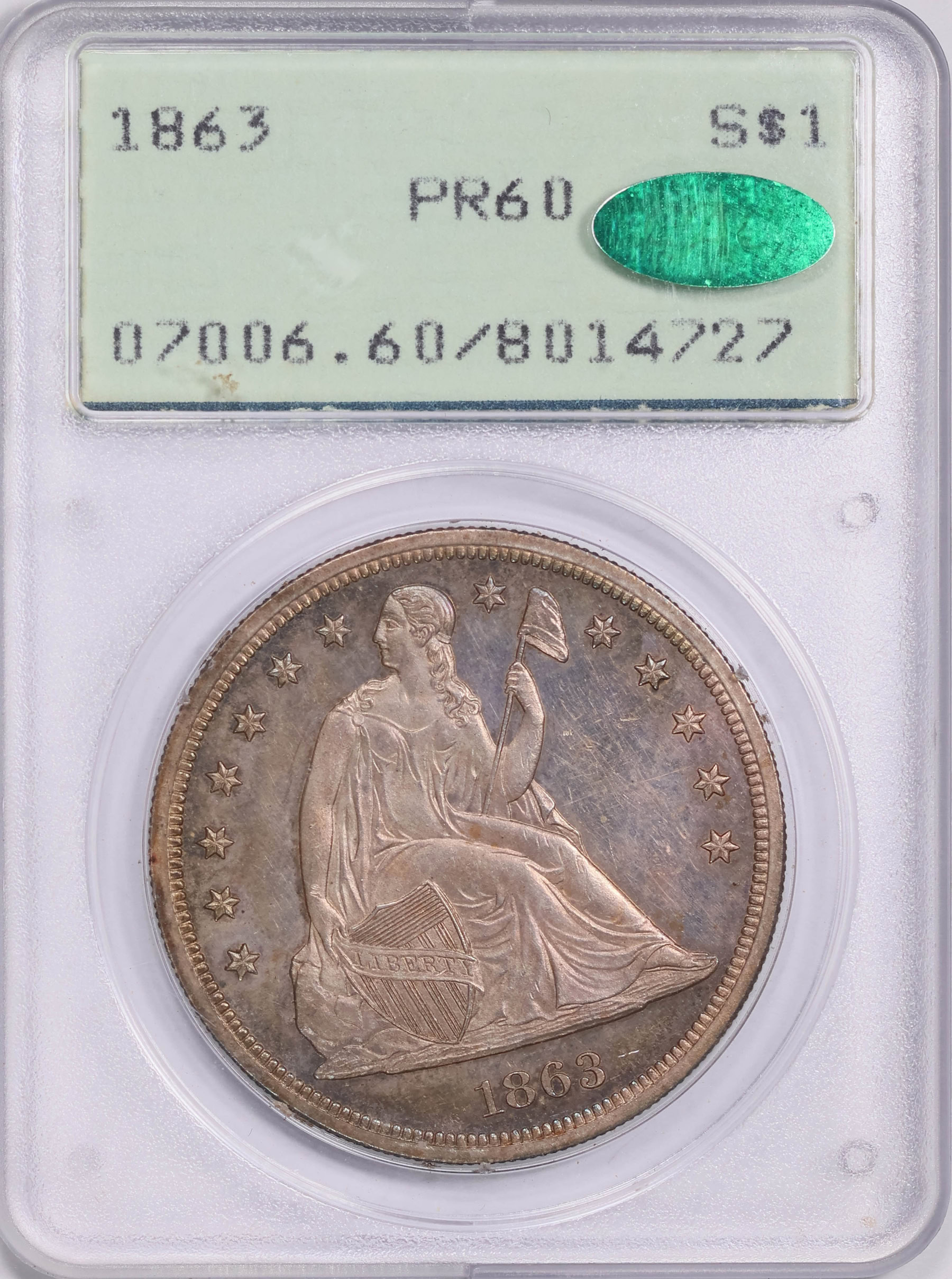 1863 Seated Liberty Silver Dollar PCGS Proof-60 (CAC Green) OGH (1st ...