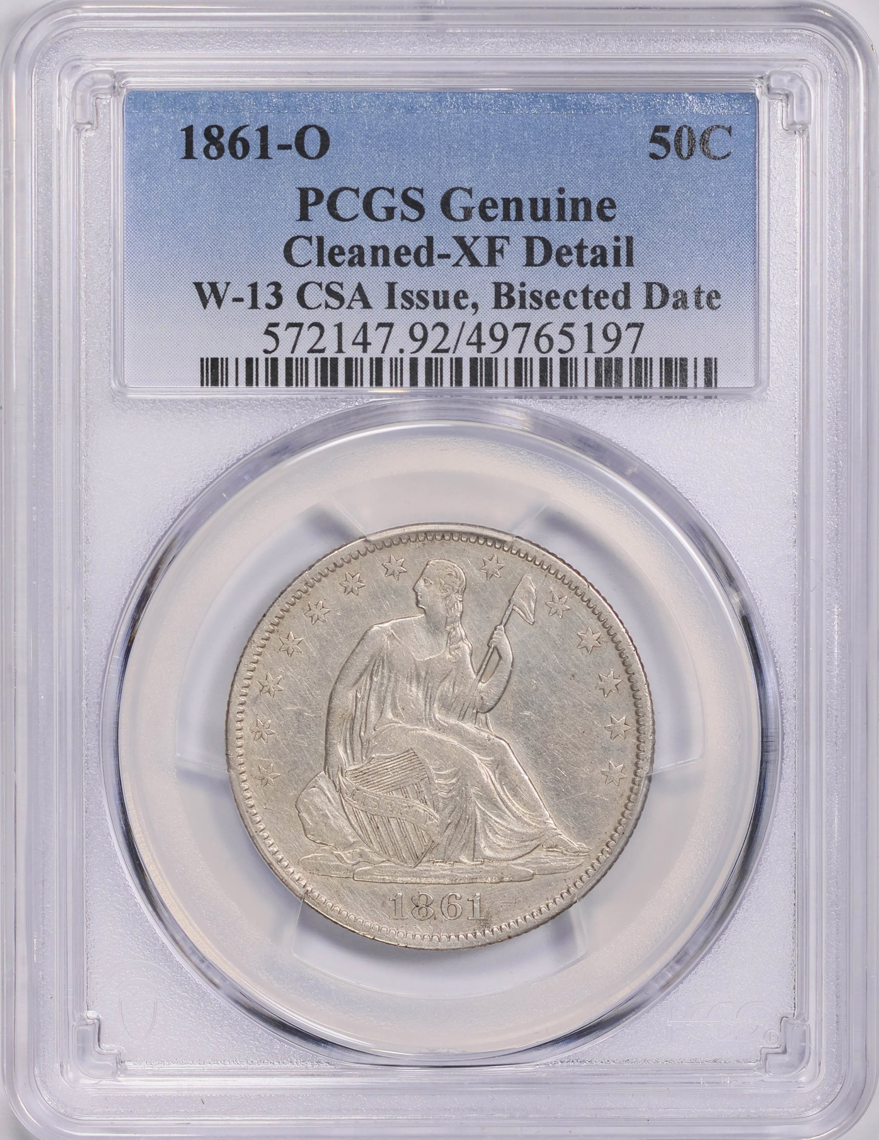 1861-O Seated Liberty Half Dollar CSA Issue Bisected Date W-13 PCGS Genuine XF Details (Item ...