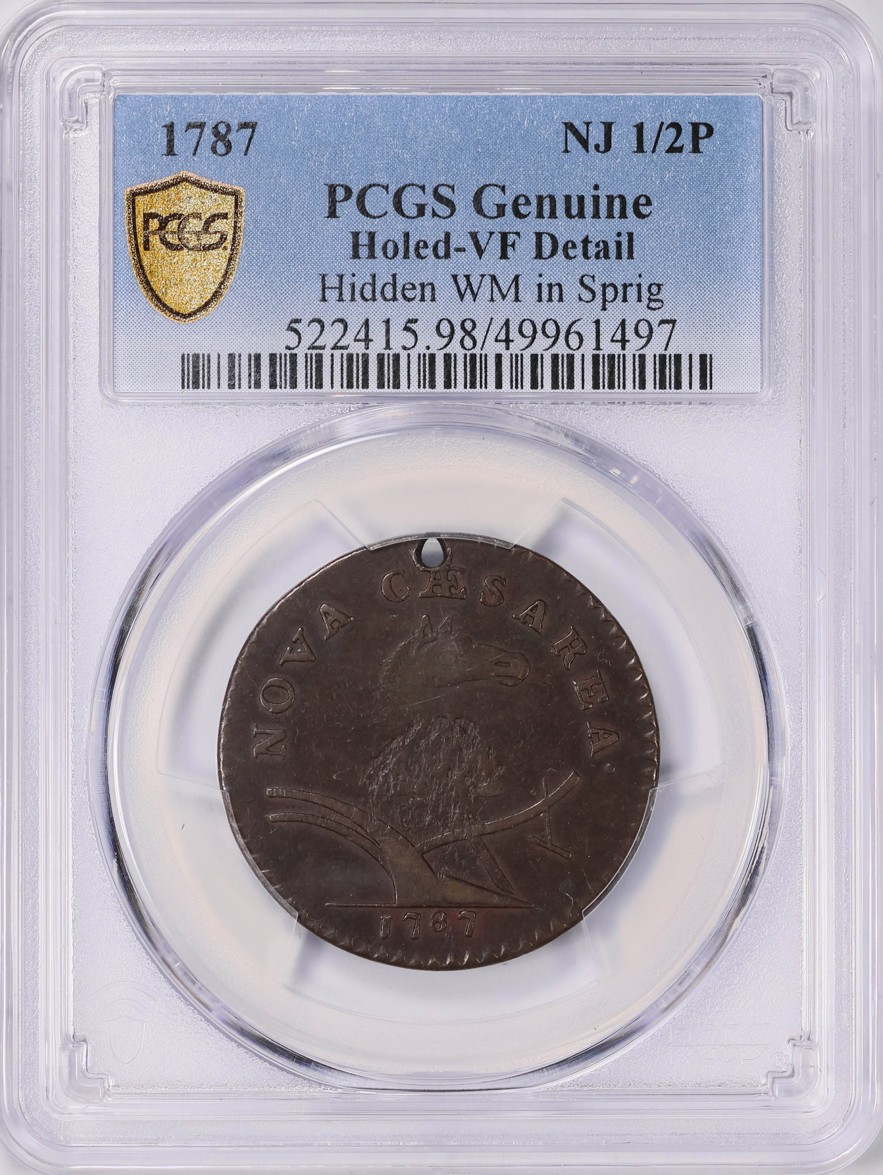 1787 New Jersey 1/2 Penny Hidden WM in Sprig PCGS Genuine VF Details ...