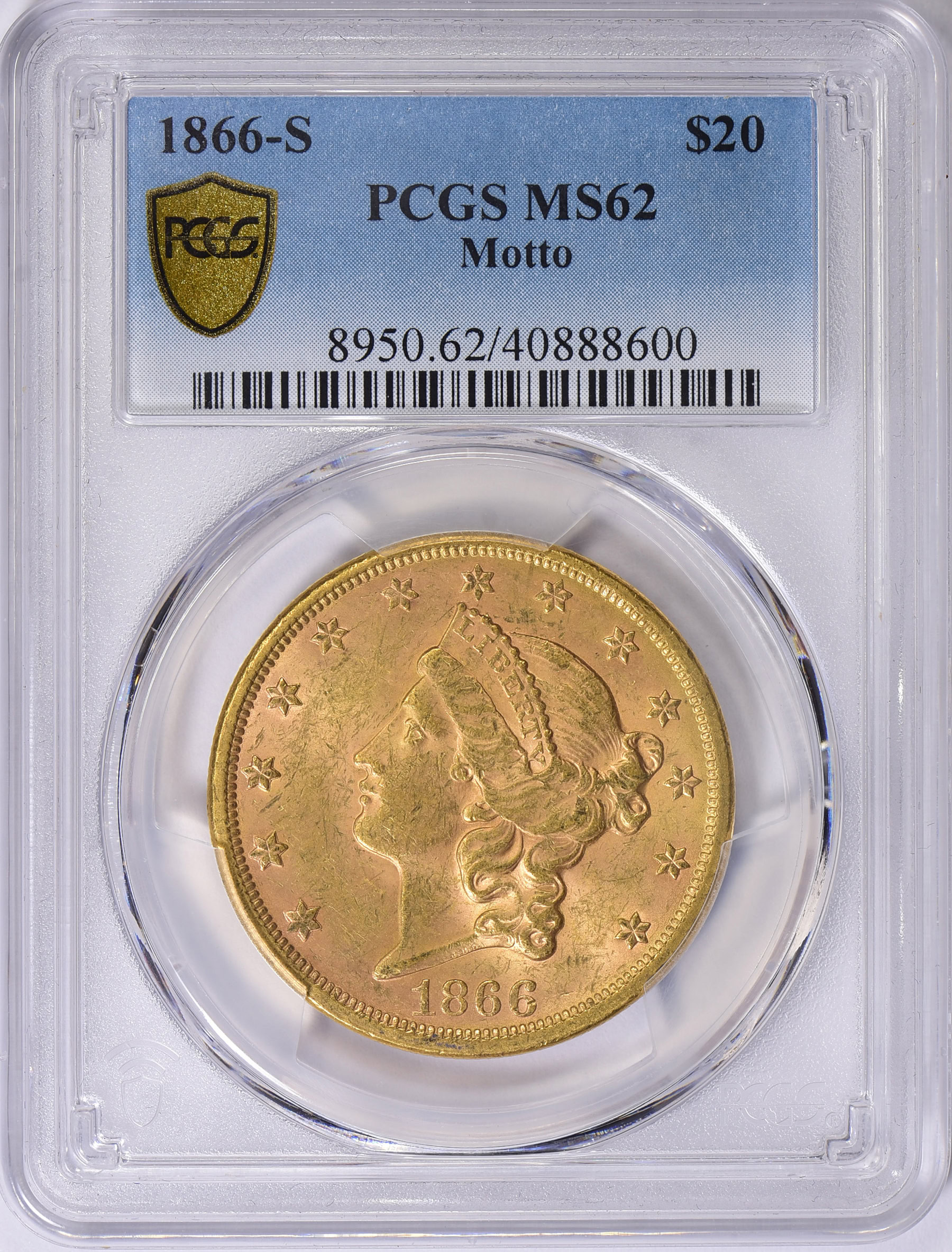 1866-S Liberty Gold Double Eagle Motto PCGS MS-62 (Item 1673535) | GreatCollections Coin Auctions