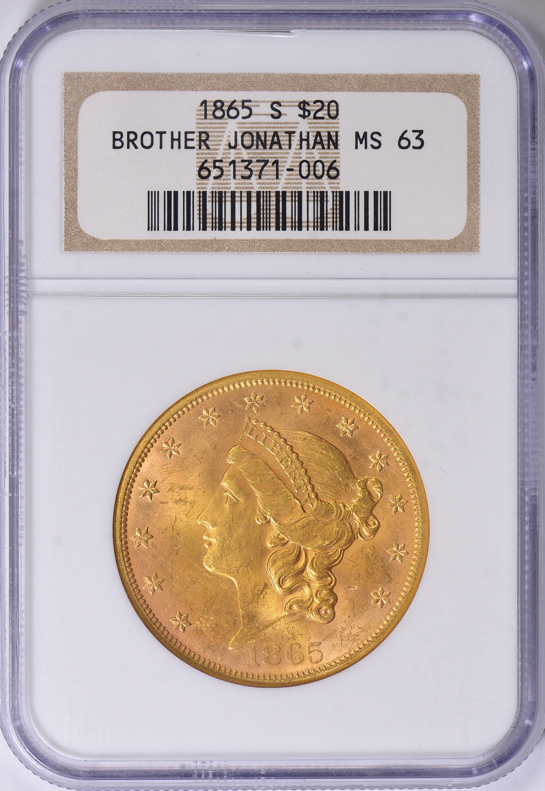 1865-S Liberty Gold Double Eagle NGC MS-63 (Brother Jonathan Shipwreck ...