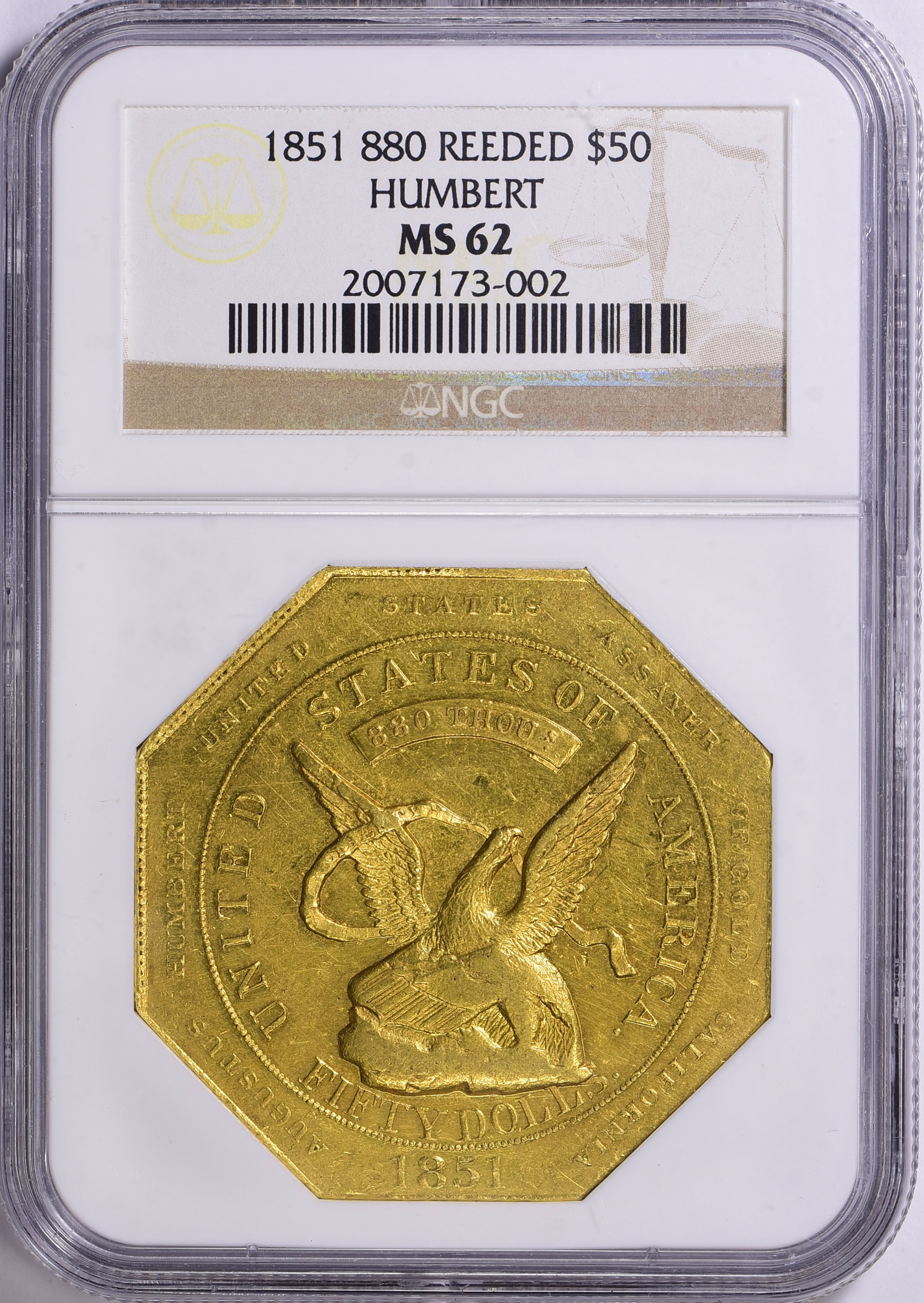 1851 Gold $50 880 Reeded Humbert NGC MS-62 (Item 1673566) | GreatCollections Coin Auctions