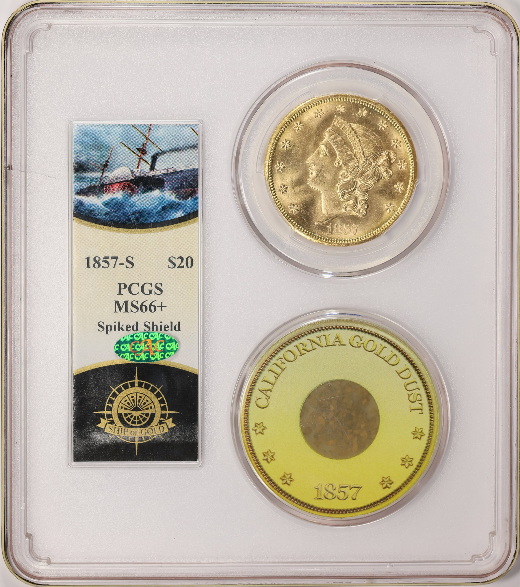 1857-S Liberty Gold Double Eagle Spiked Shield Shipwreck S.S. Central America PCGS MS-66+ (CAC ...