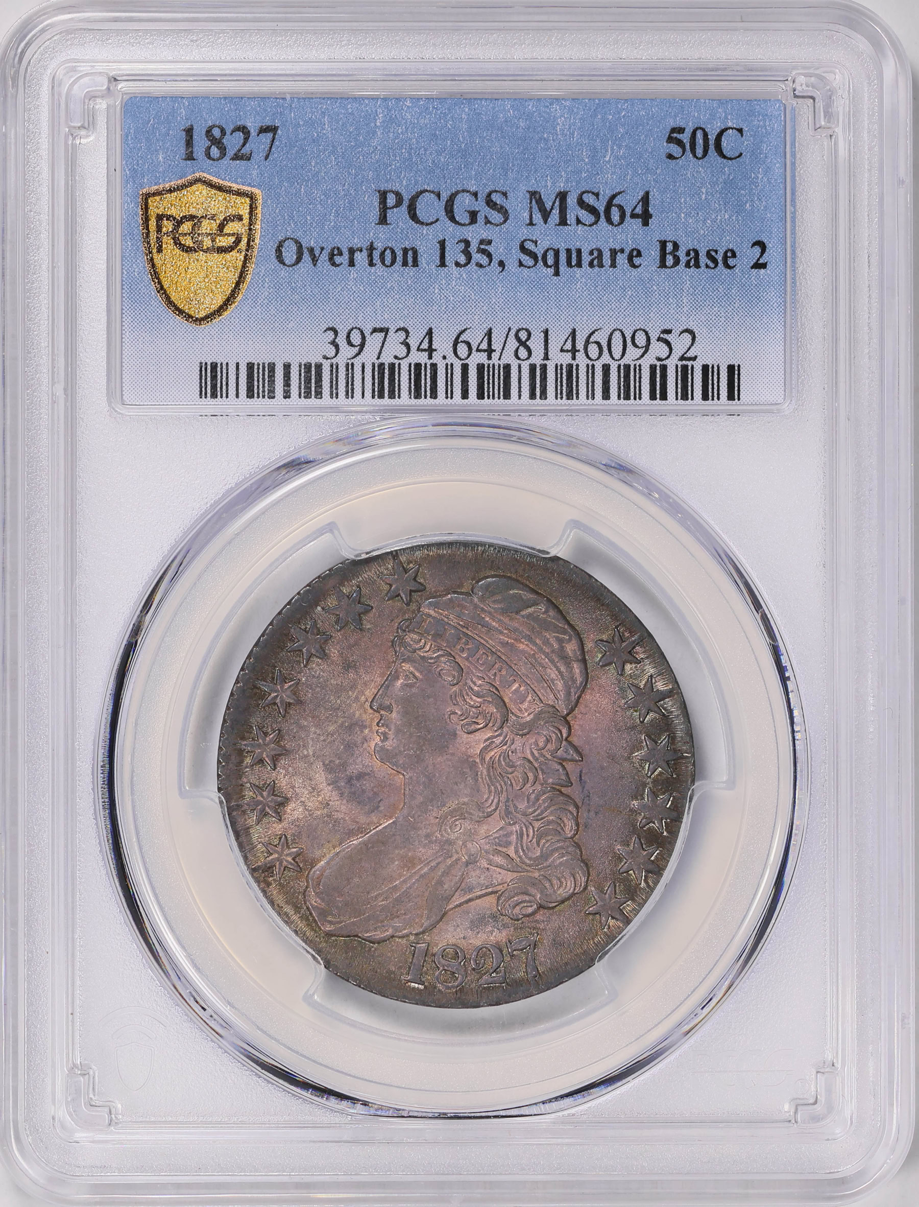 1827 Capped Bust Half Dollar Square Base 2 Overton 135 PCGS MS-64 ...