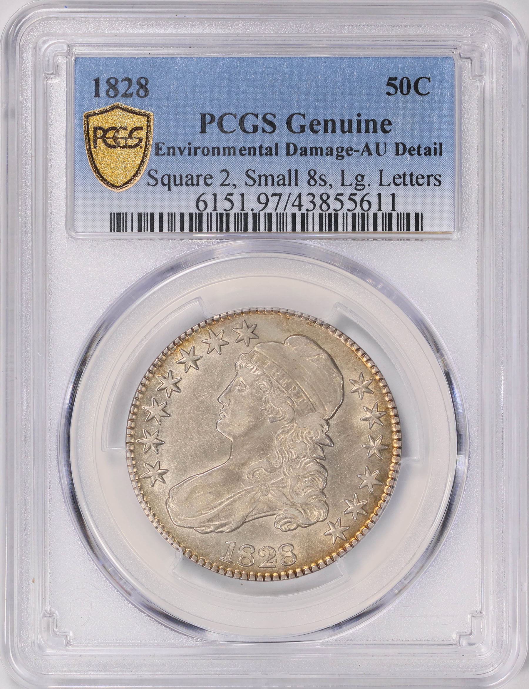 1828 Capped Bust Half Dollar Square Base 2, Small 8s, Large Letters PCGS Genuine AU Details ...