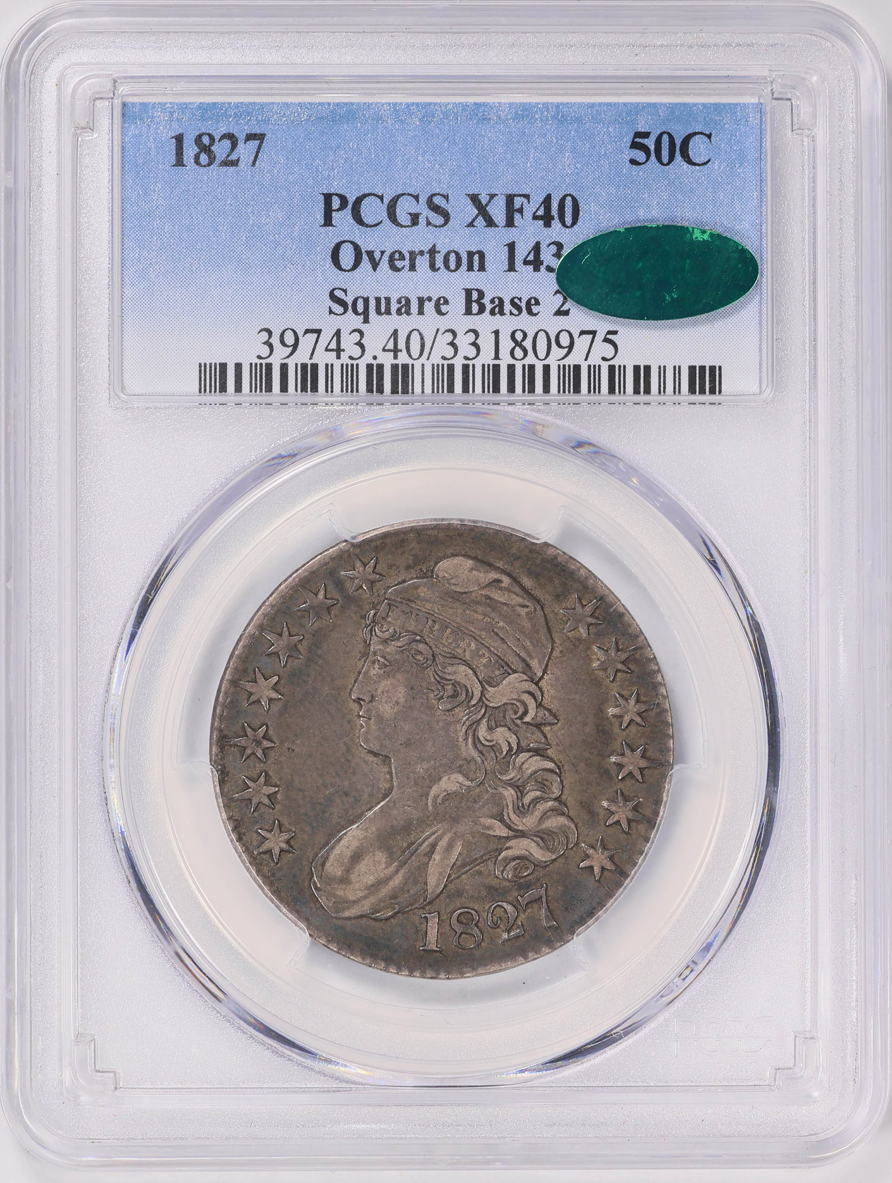 1827 Capped Bust Half Dollar Square Base 2 Overton 143 PCGS XF-40 (CAC ...