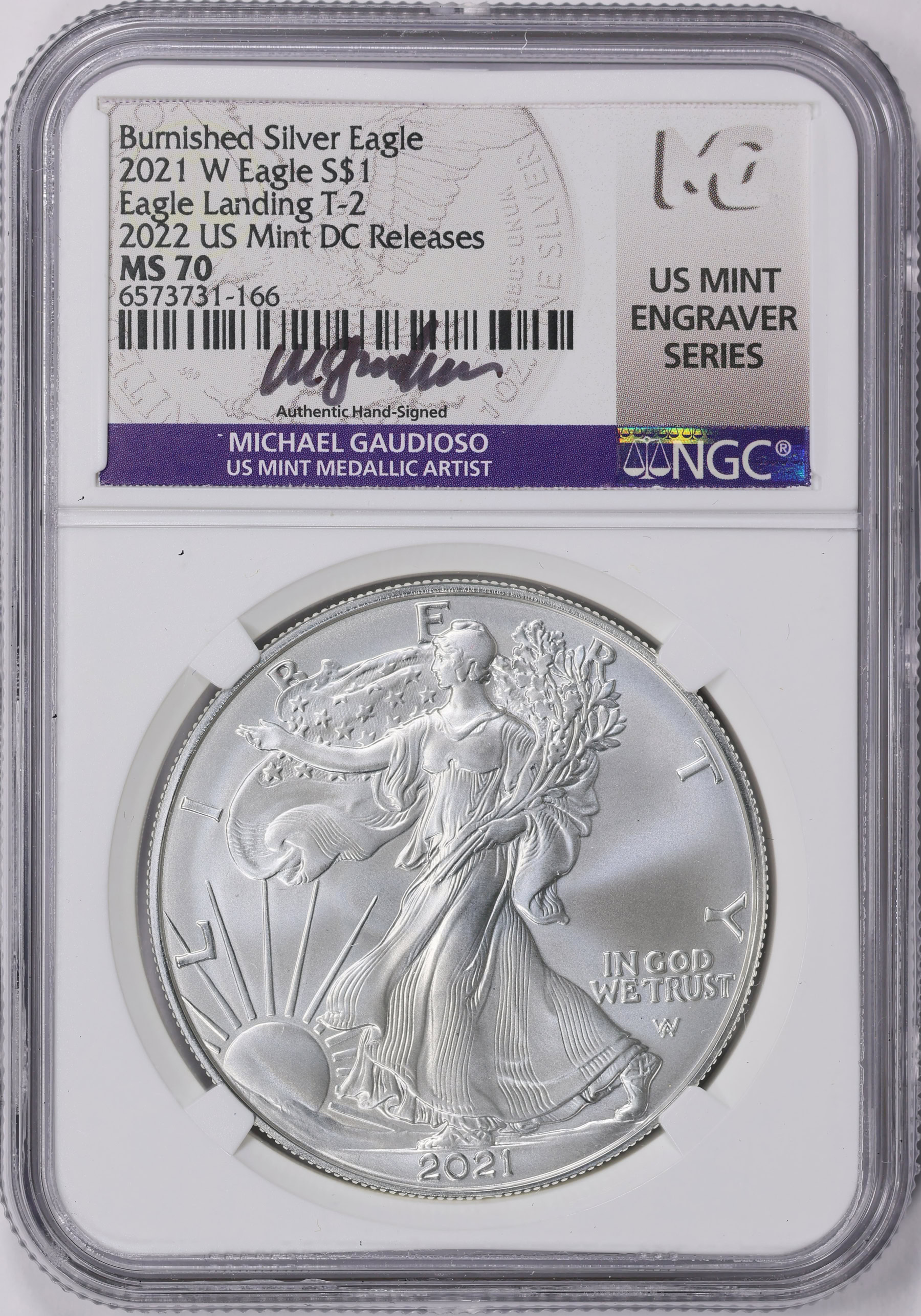 2021-W $1 Silver Eagle Burnished Type 2 2022 U.S. Mint DC Releases NGC MS-70 (Michael Gaudioso ...